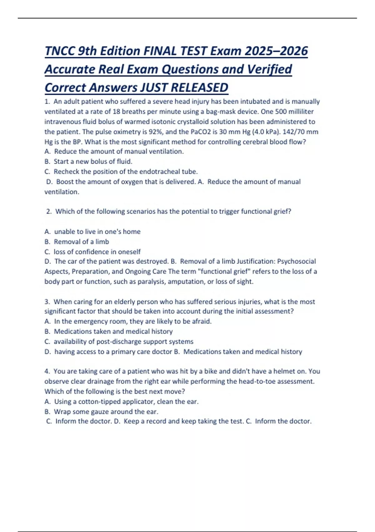 TNCC 9th Edition Final Test Exam 2025–2026 Trauma Nursing Certification ...