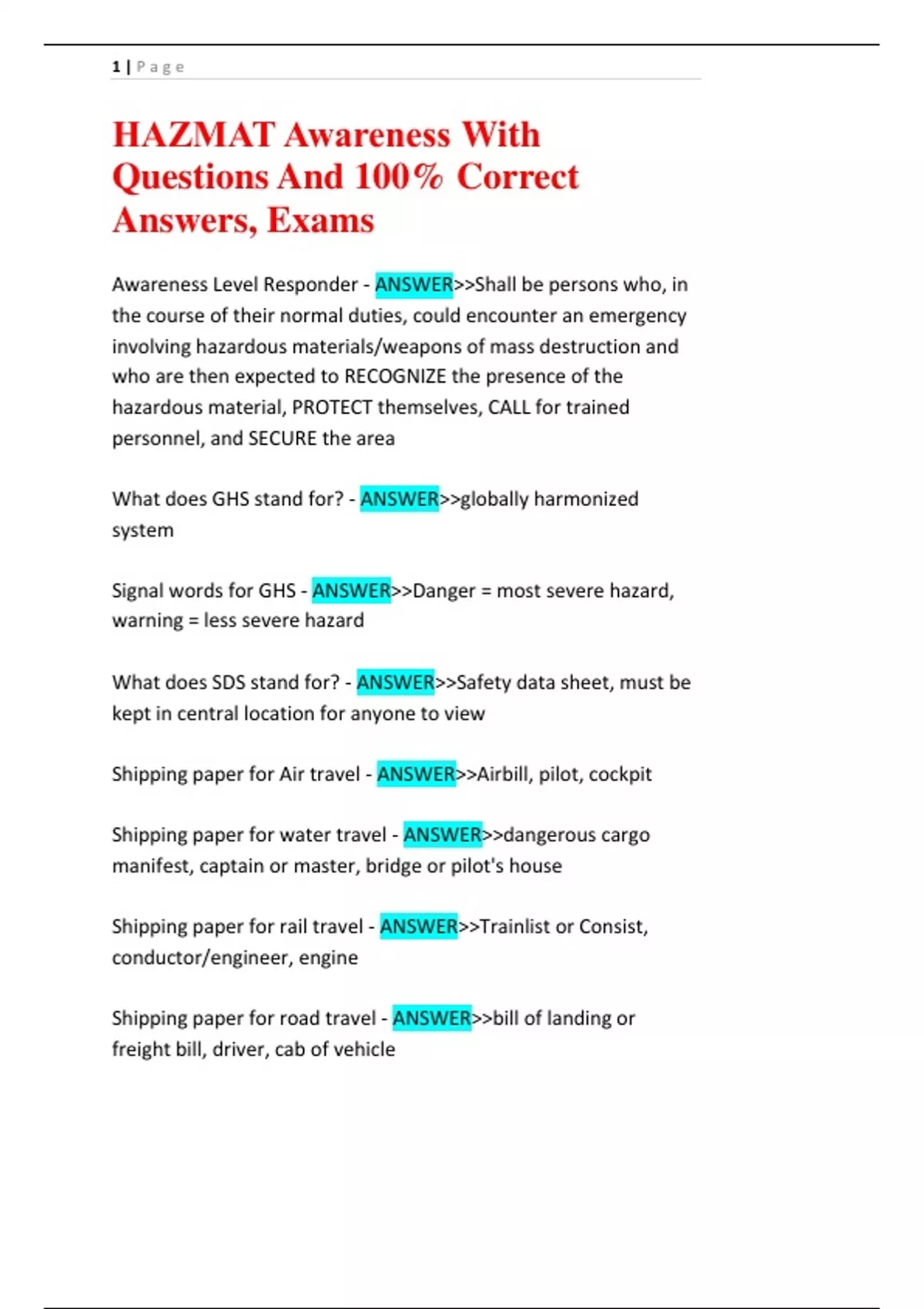 HAZMAT Awareness With Questions And 100% Correct Answers, Exams - CNA ...