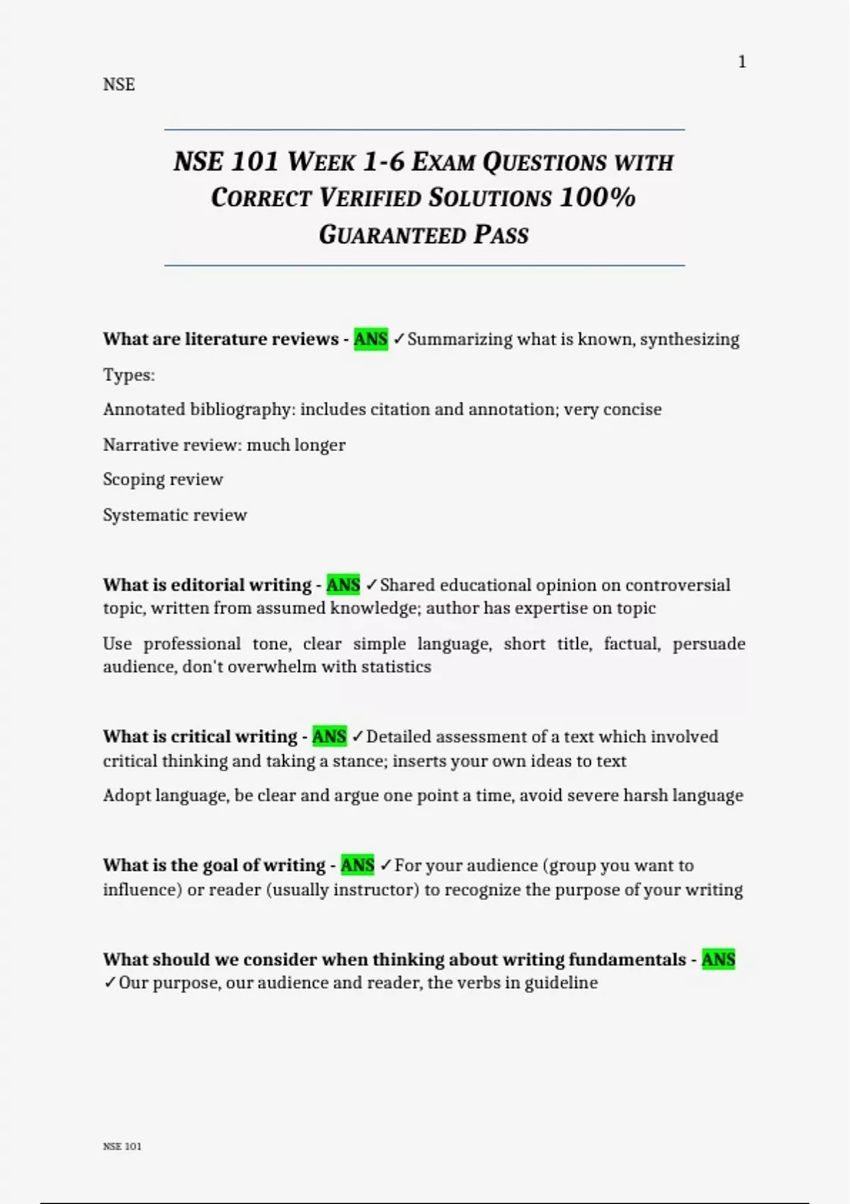 NSE 101 WEEK 1-6 EXAM QUESTIONS WITH CORRECT VERIFIED SOLUTIONS 100% ...