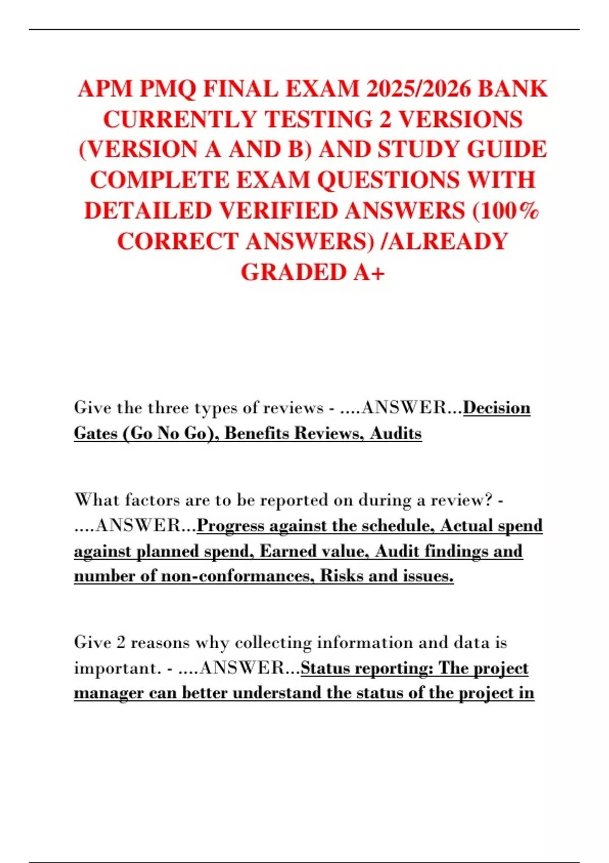 APM PMQ FINAL EXAM 2025/2026 BANK CURRENTLY TESTING 2 VERSIONS (VERSION ...