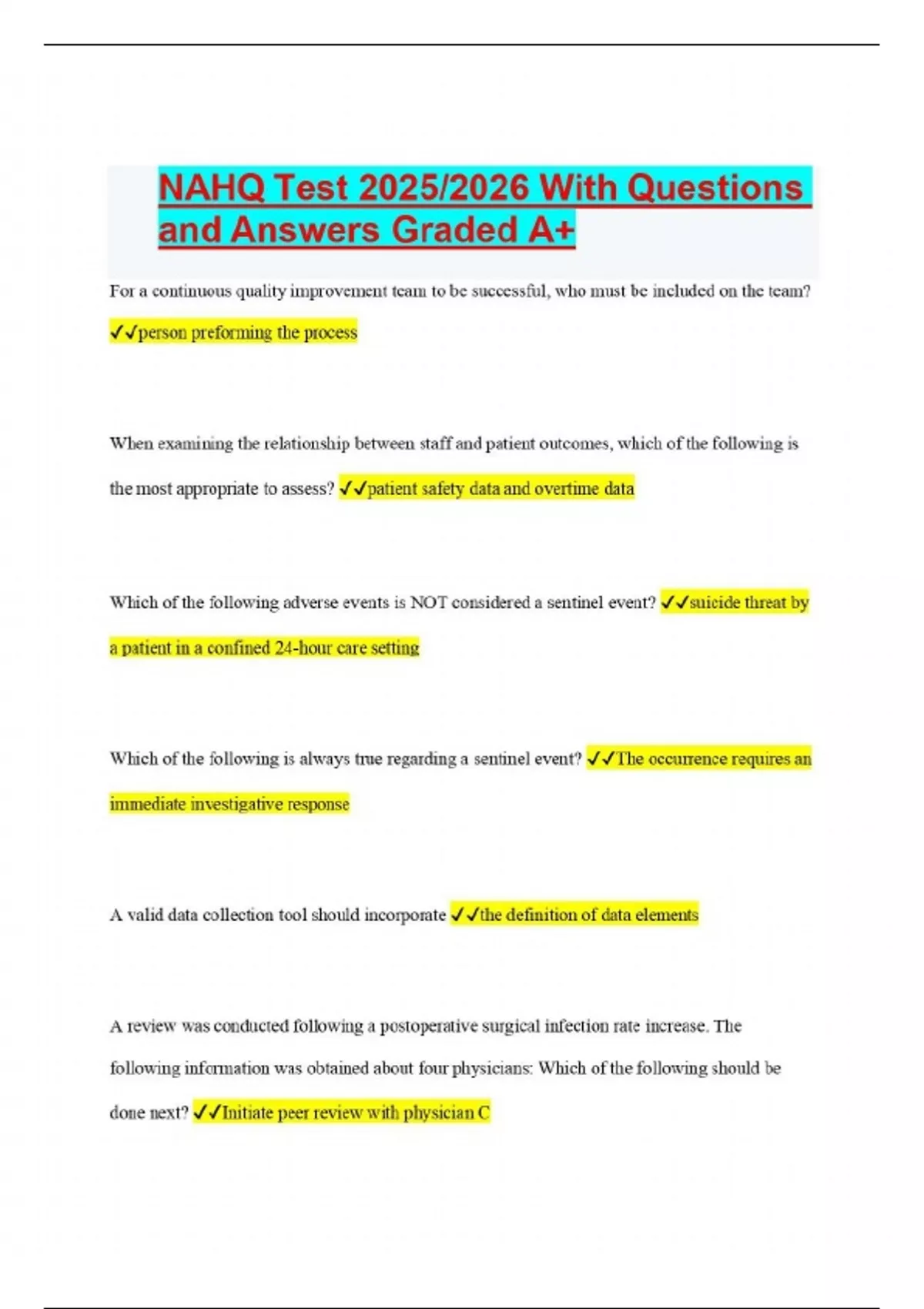 NAHQ Test 2025/2026 With Questions and Answers Graded A+ - NAHQ - Stuvia US