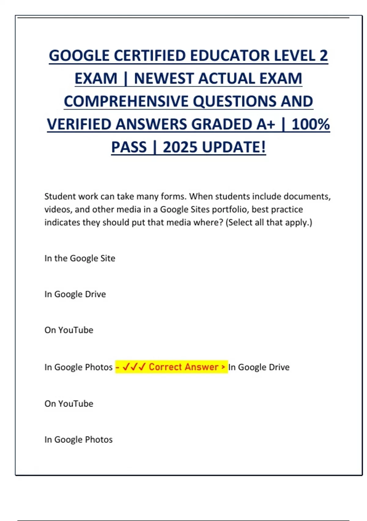 GOOGLE CERTIFIED EDUCATOR LEVEL 2 EXAM | NEWEST ACTUAL EXAM COMPREHENSIVE QUESTIONS AND VERIFIED ...