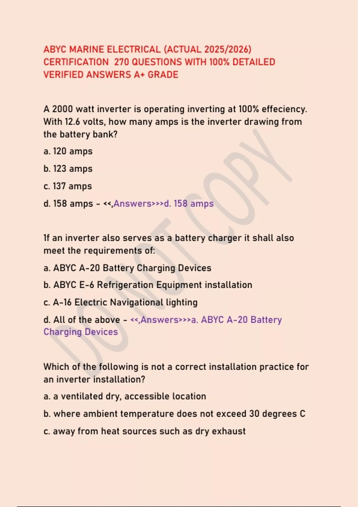 ABYC MARINE ELECTRICAL (ACTUAL 2025/2026) CERTIFICATION 270 QUESTIONS ...