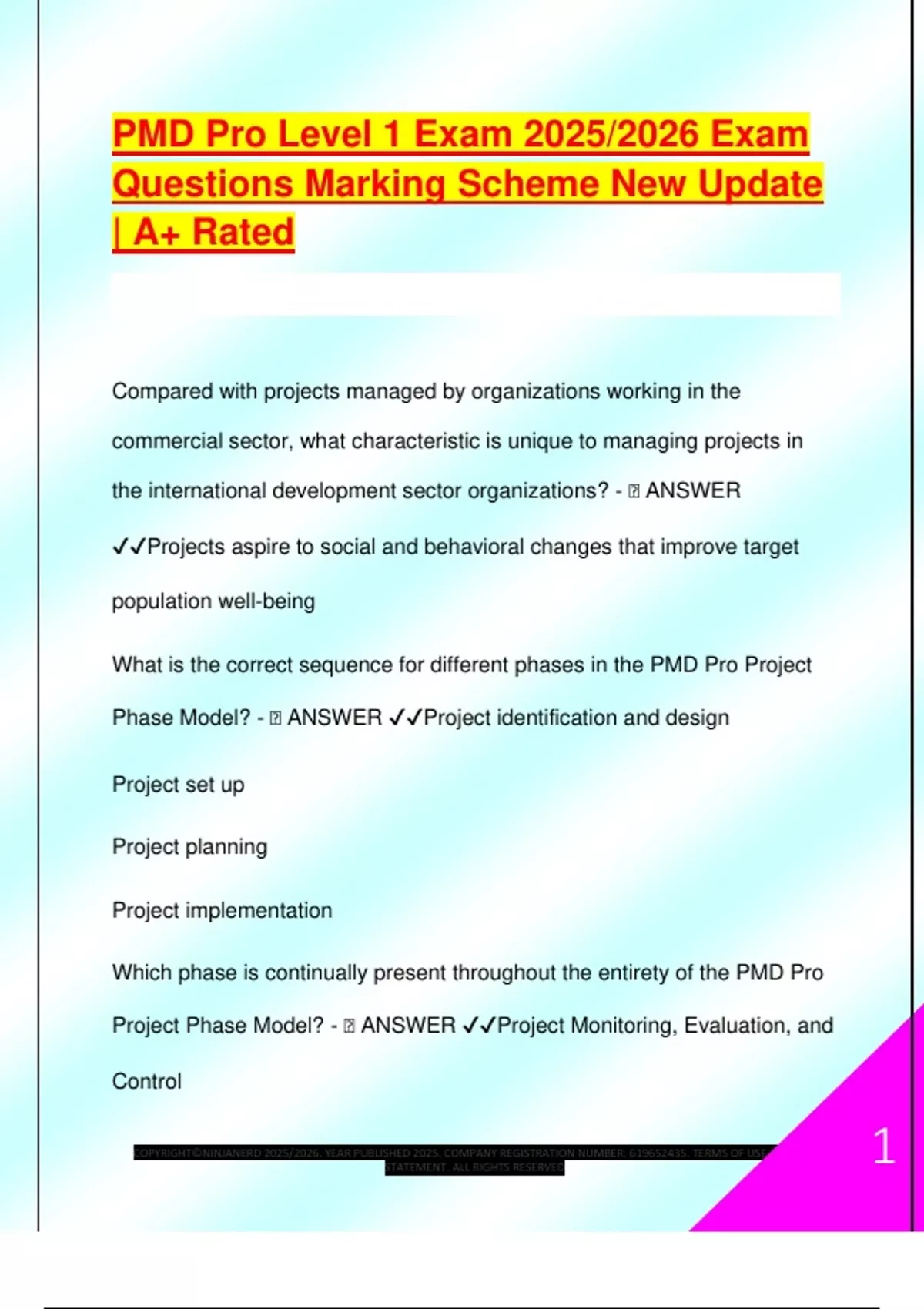 PMD Pro Level 1 Exam 2025/2026 Exam Questions Marking Scheme New Update ...