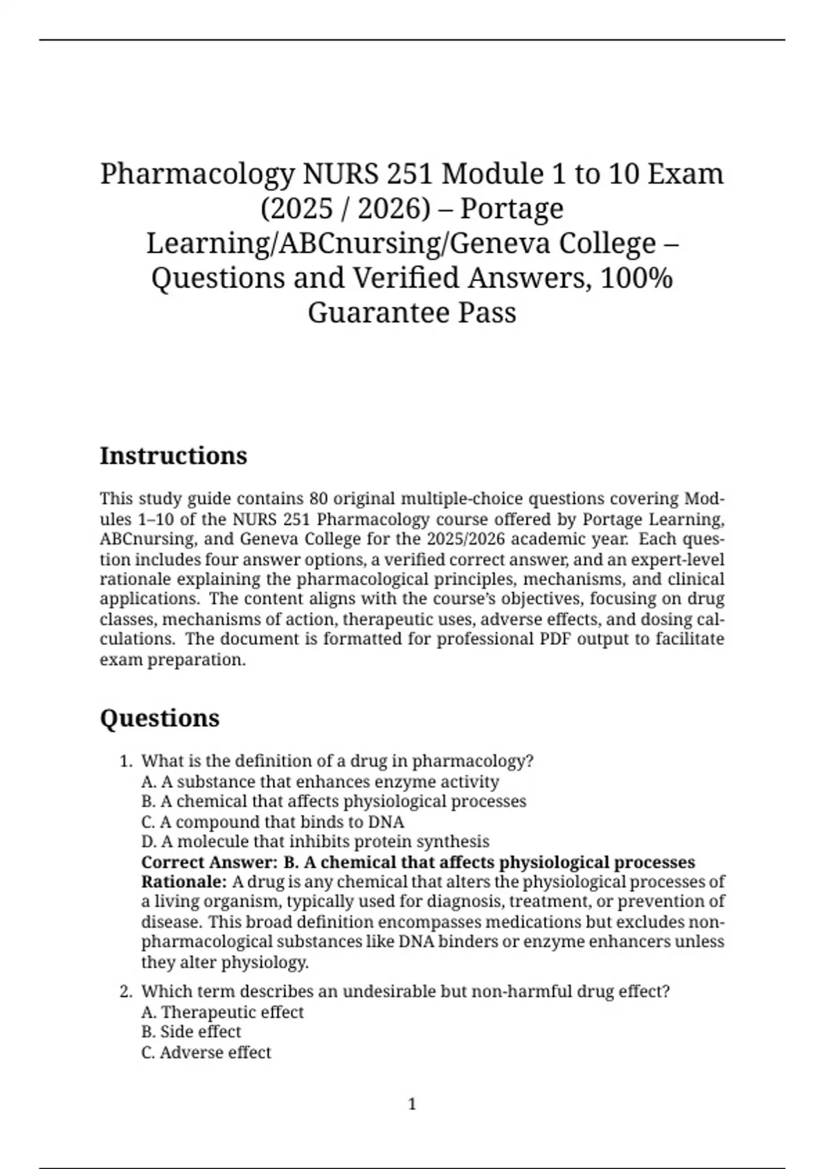 Pharmacology NURS 251 Module 1 to 10 Exam (2025 / 2026) – Portage ...