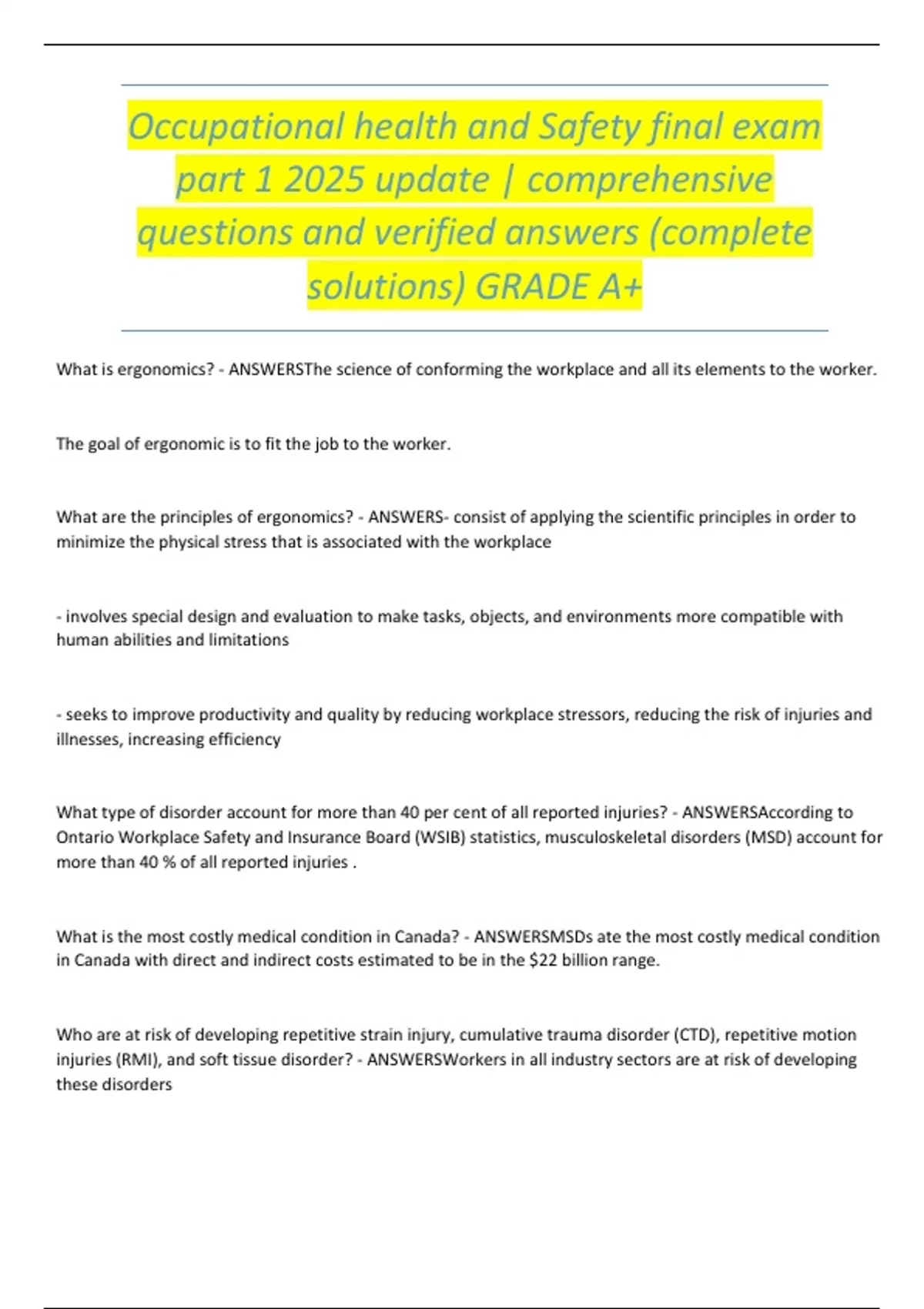 Occupational health and Safety final exam part 1 2025 update | comprehensive questions and ...
