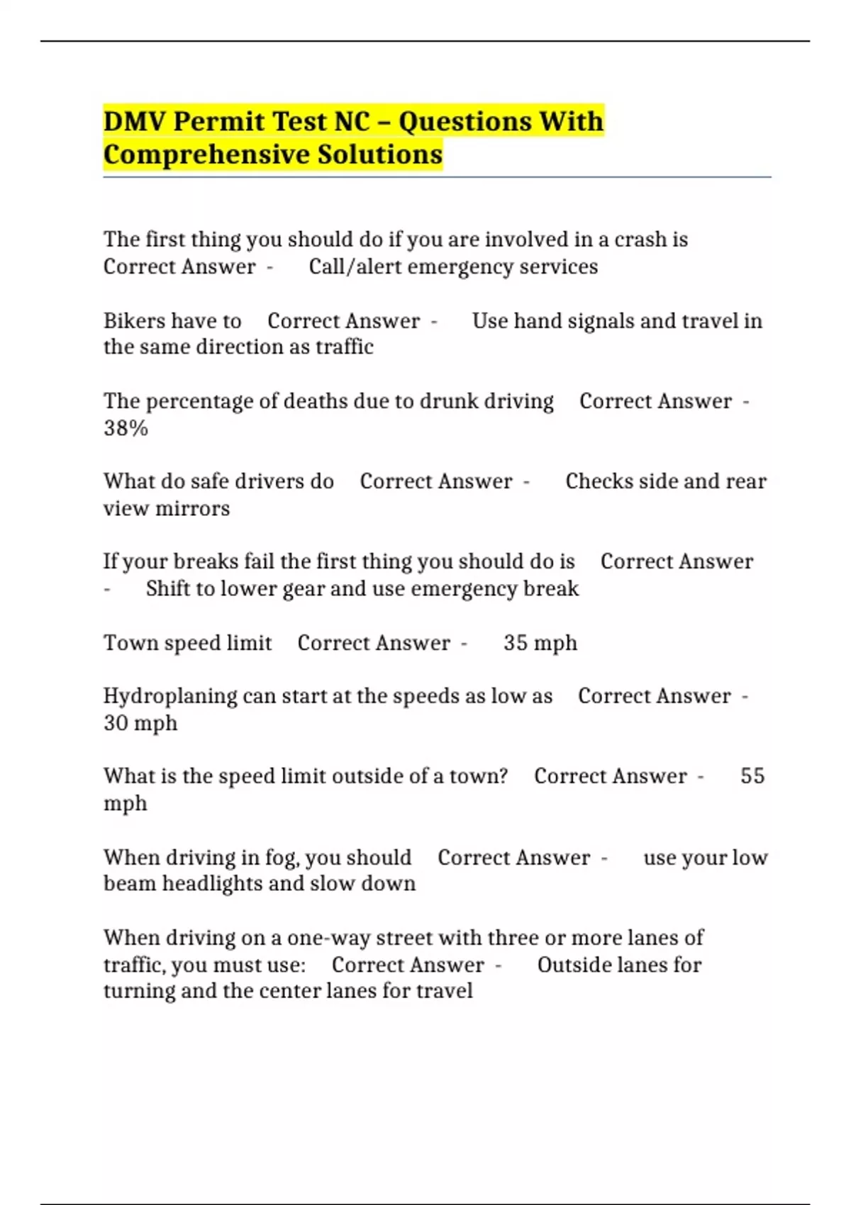 DMV Permit Test NC – Questions With Comprehensive Solutions - NC DMV ...