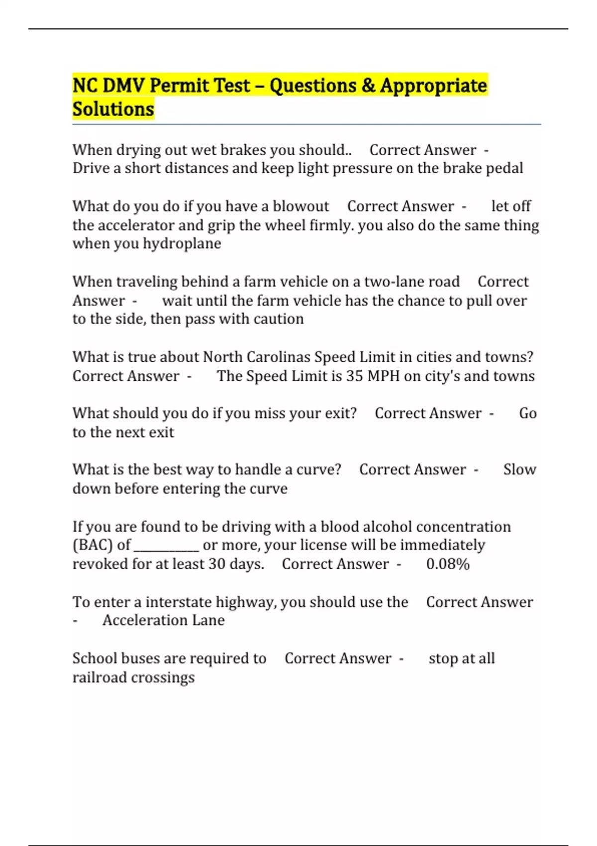 NC DMV Permit Test – Questions & Appropriate Solutions - NC DMV Permit ...