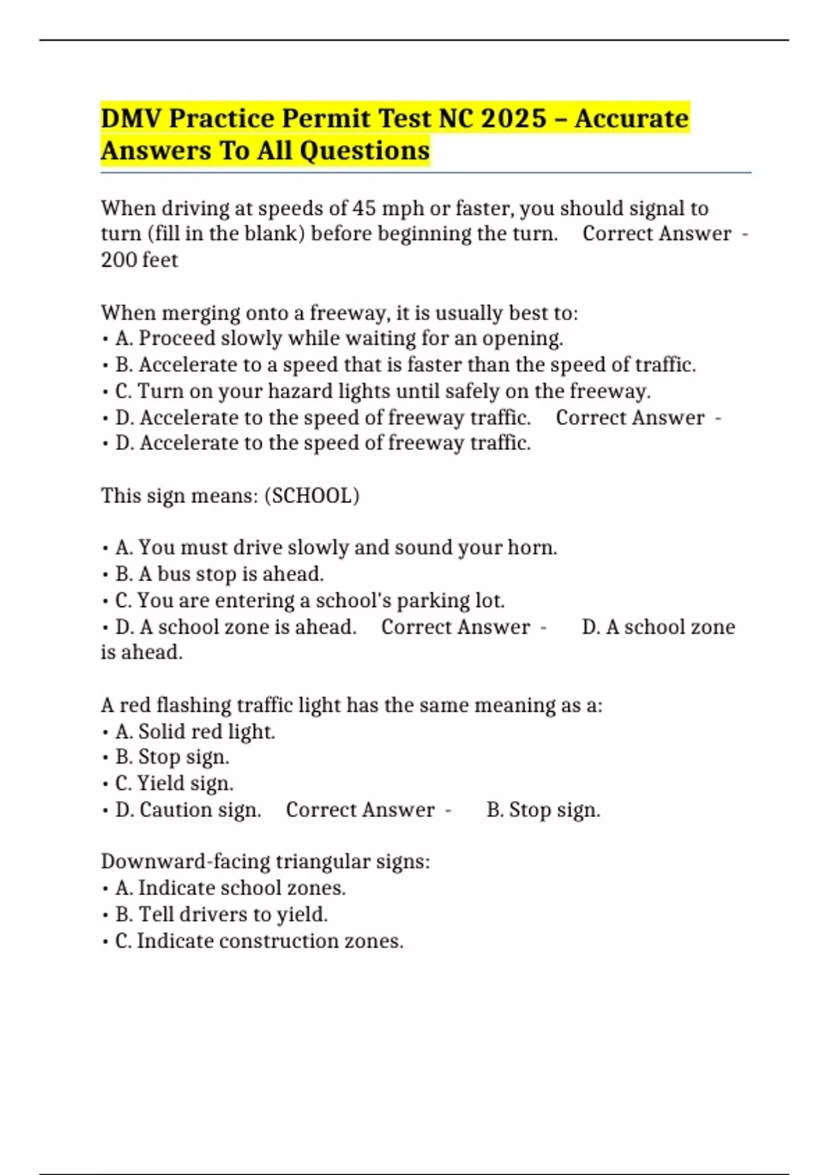 DMV Practice Permit Test NC 2025 – Accurate Answers To All Questions ...