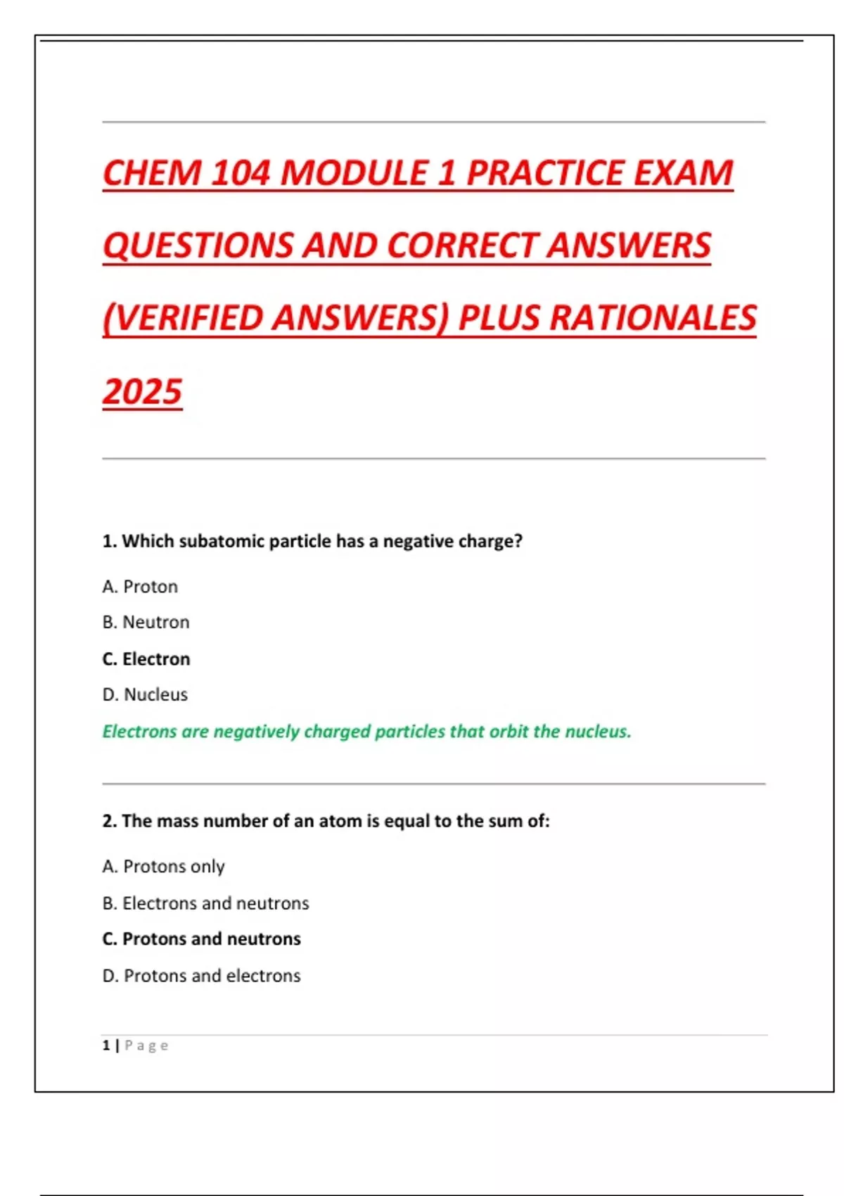 CHEM 104 MODULE 1 PRACTICE EXAM QUESTIONS AND CORRECT ANSWERS (VERIFIED ...