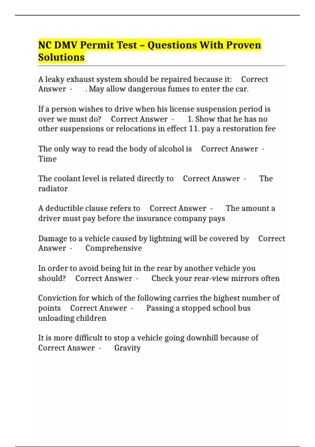 NC DMV Permit Test – Questions With Proven Solutions - NC DMV Permit ...