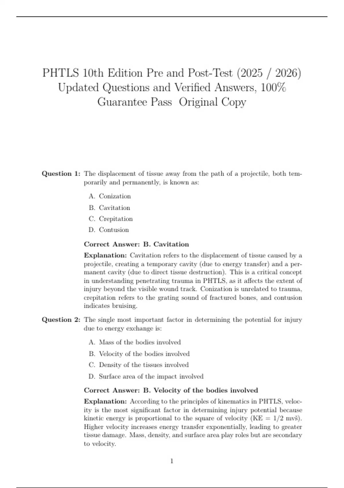 PHTLS 10th Edition Pre and Post-Test (2025 / 2026) Updated Questions ...