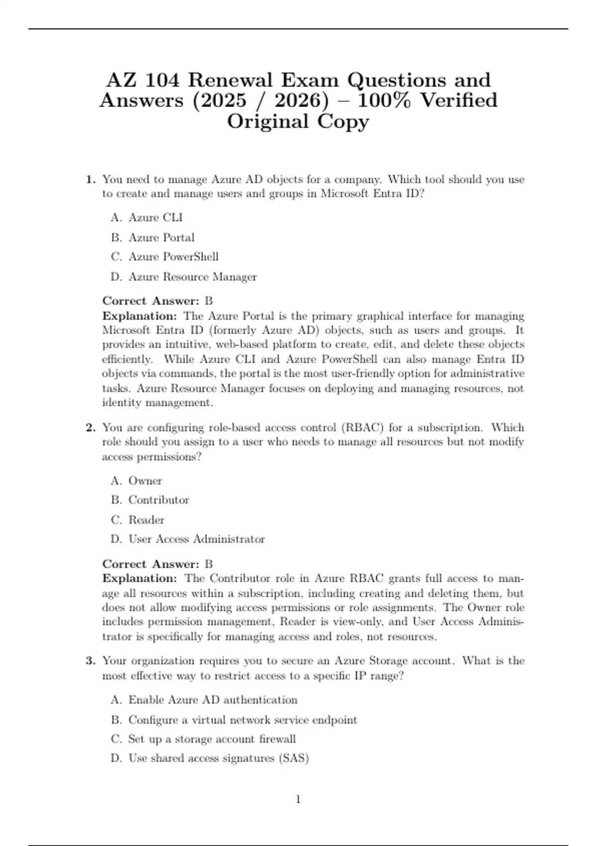 AZ 104 Renewal Exam Questions and Answers (2025 / 2026) – 100% Verified ...