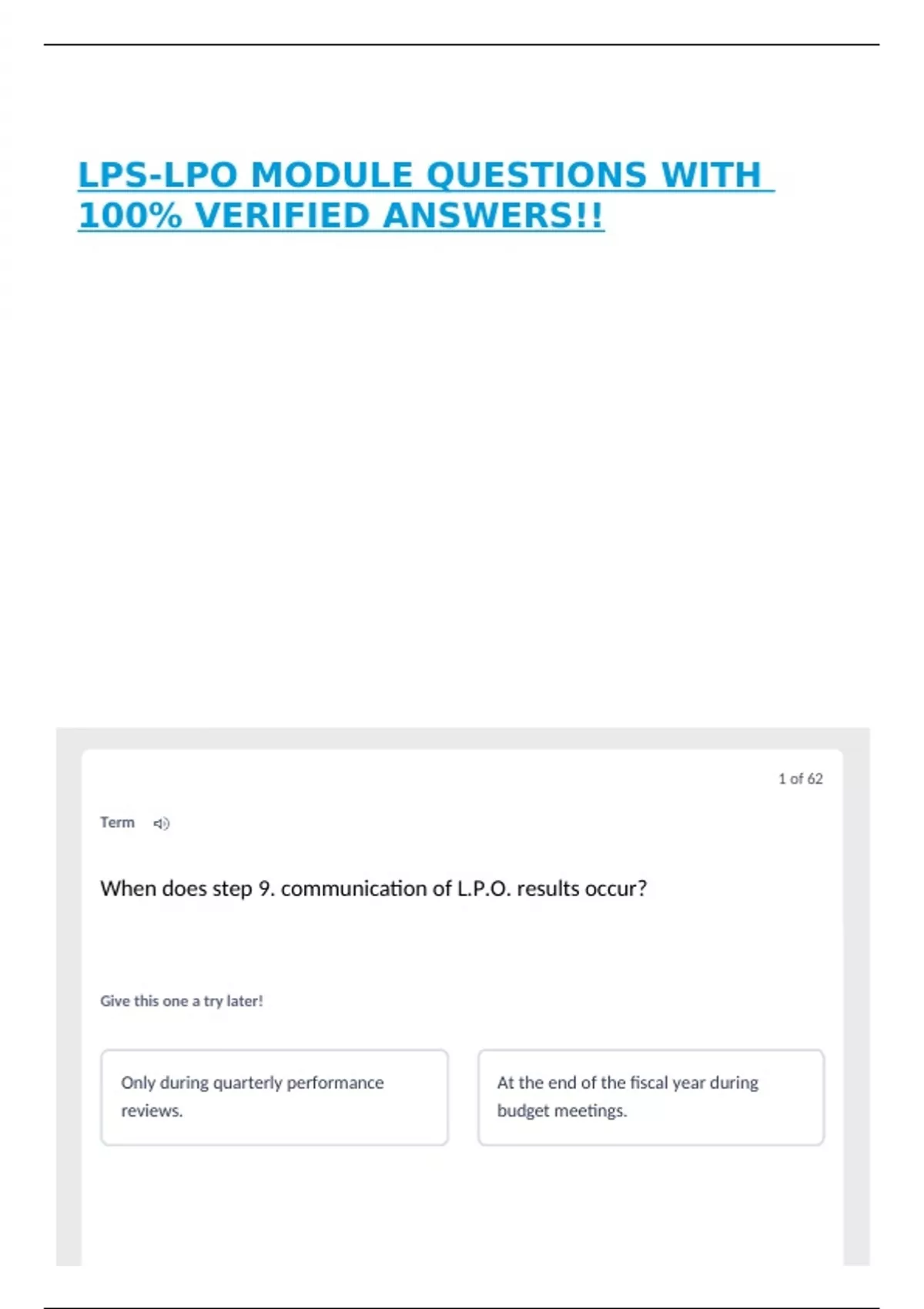 LPS-LPO MODULE QUESTIONS WITH 100% VERIFIED ANSWERS!! - LPS-LPO - Stuvia US