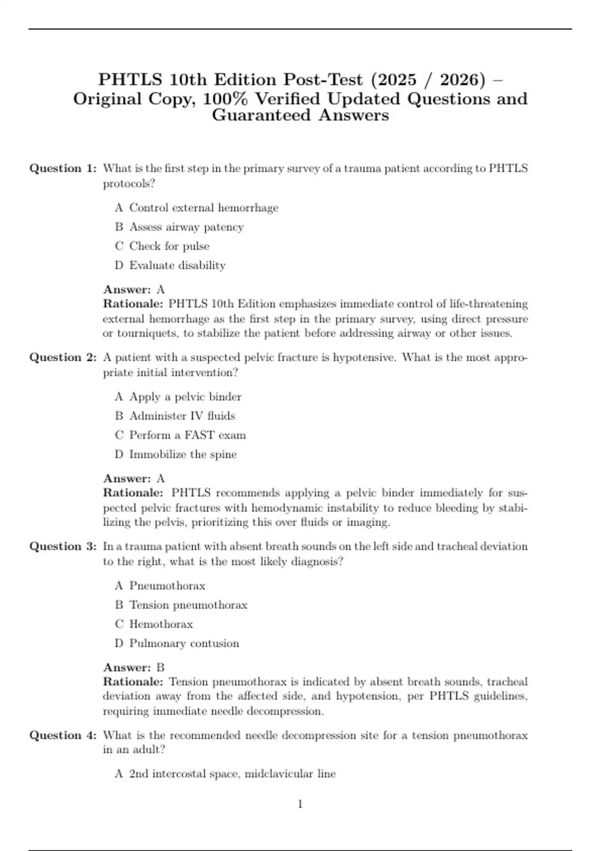 PHTLS 10th Edition Post-Test (2025 / 2026) – Original Copy, 100% ...