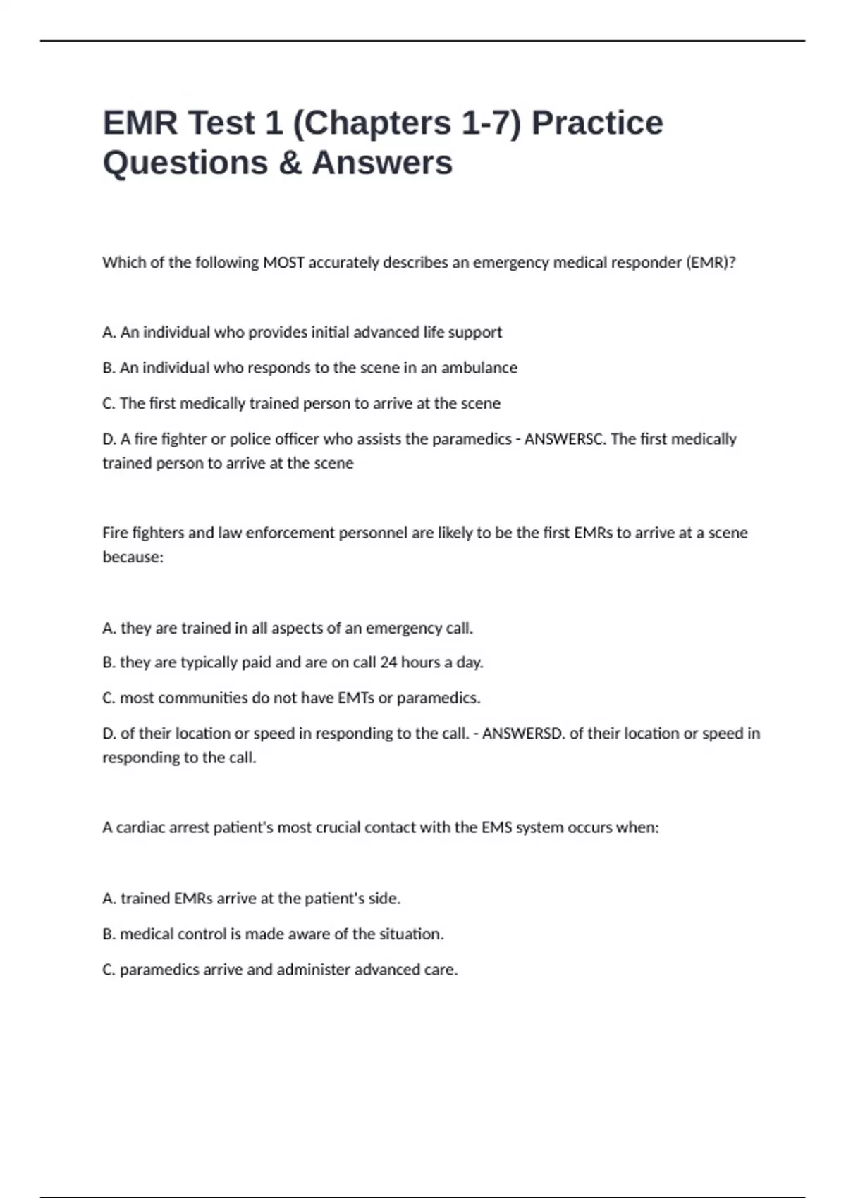 EMR Test 1 (Chapters 1-7) Practice Questions & Answers - EMR - Stuvia US