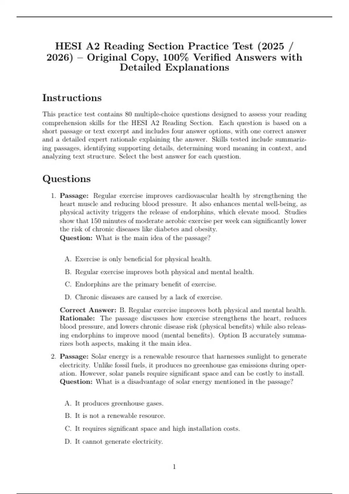 HESI A2 Reading Section Practice Test (2025 / 2026) – Original Copy ...