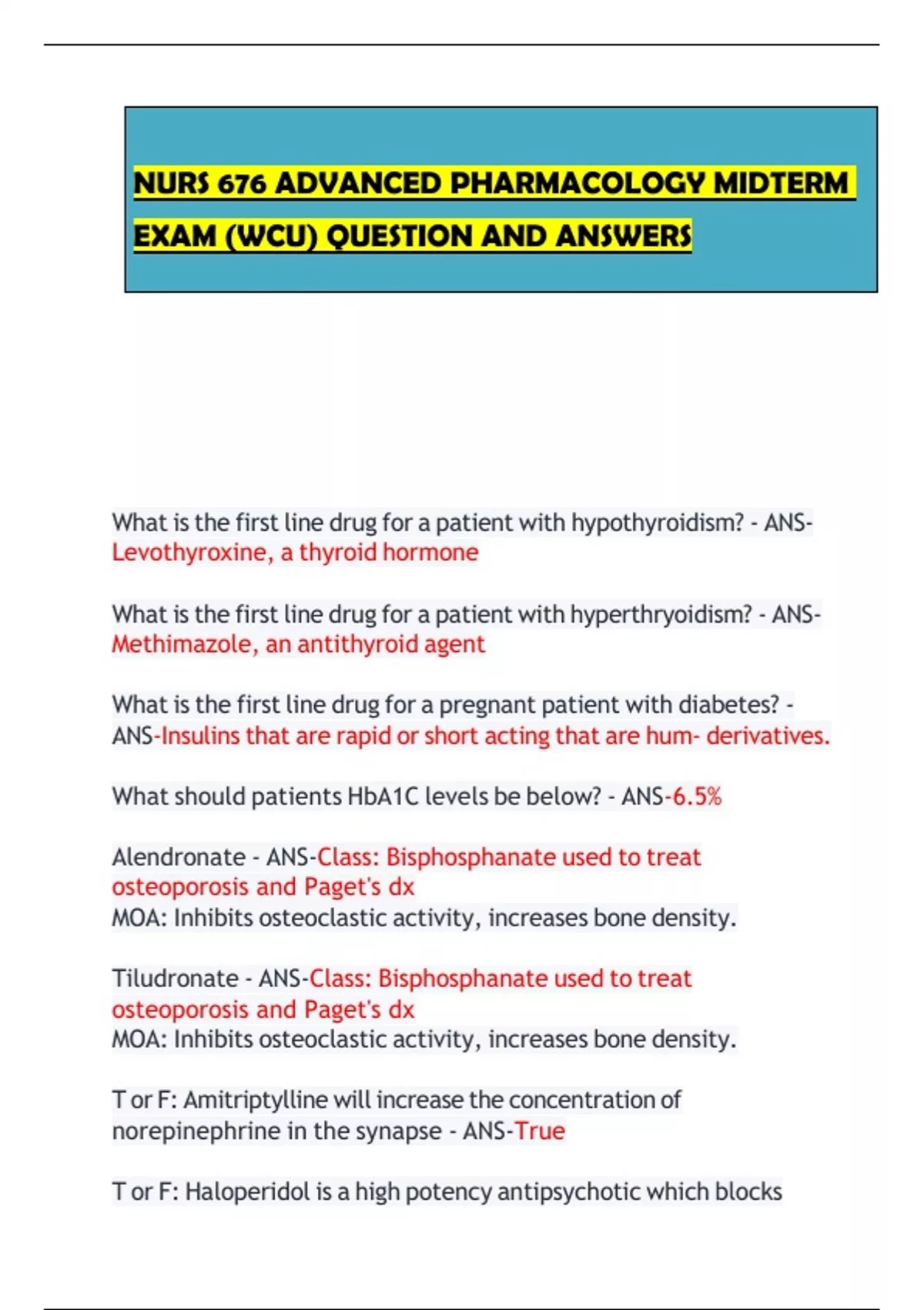 STUDY BUNDLE[2025] NURS 676 ADVANCED PHARMACOLOGY – APRN MIDTERM EXAM ...