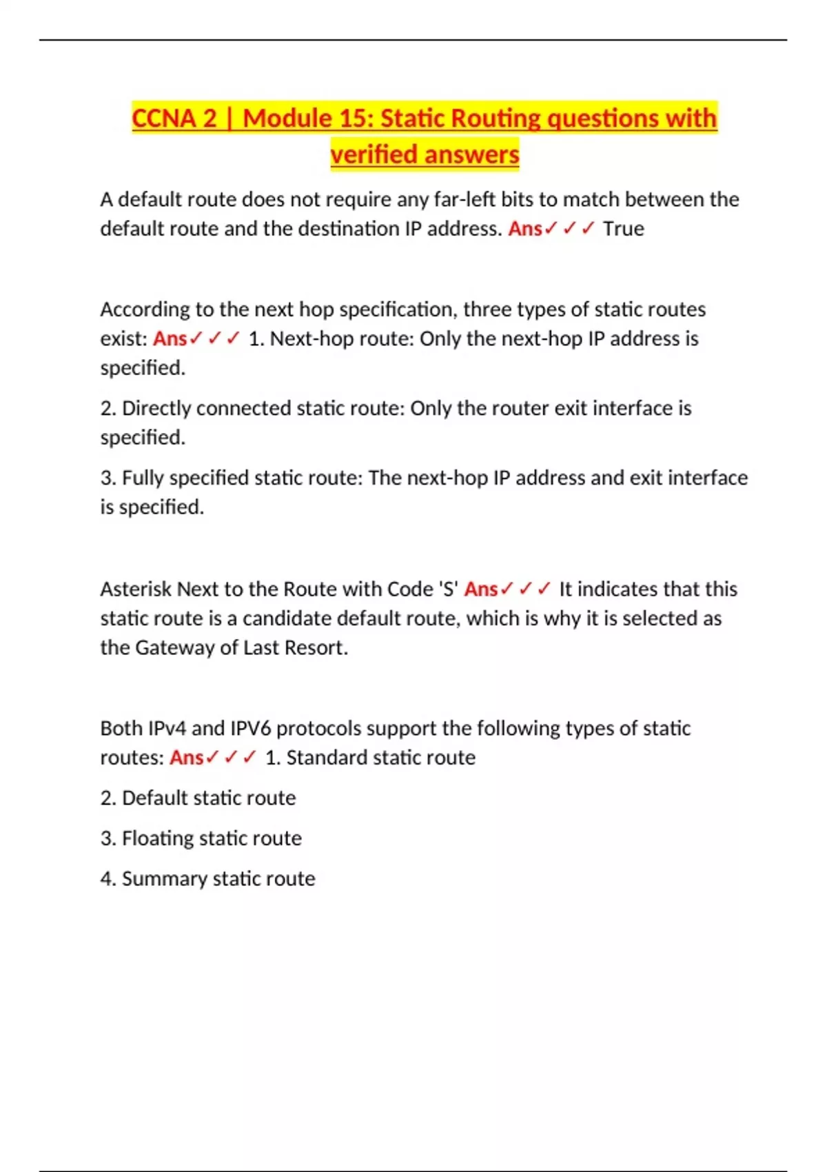 CCNA 2 – Module 15: Static Routing Questions with Verified Answers | IPv4 & IPv6 Routing ...