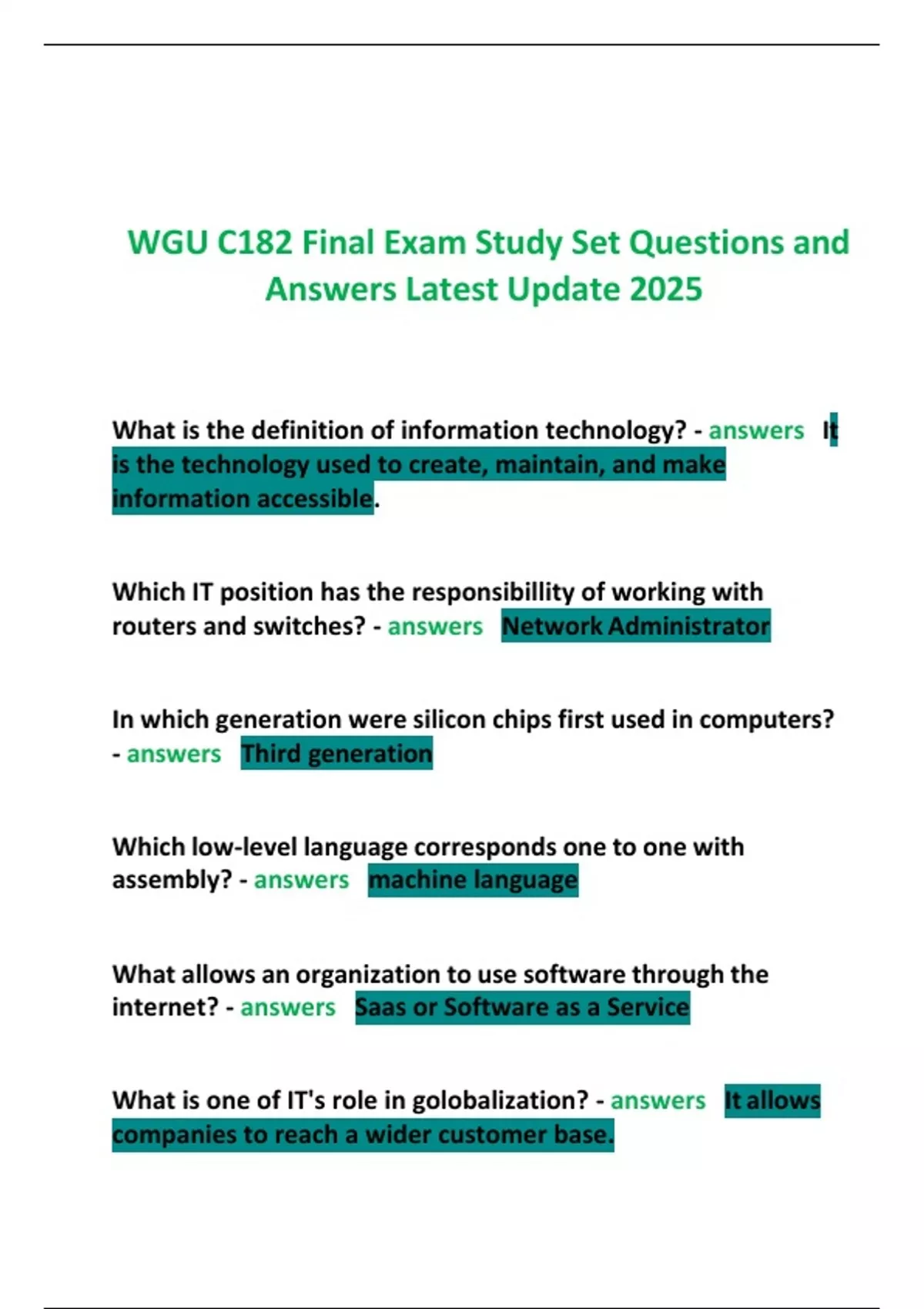 WGU C182 Introduction to IT Final Exam Study Set – Questions and ...