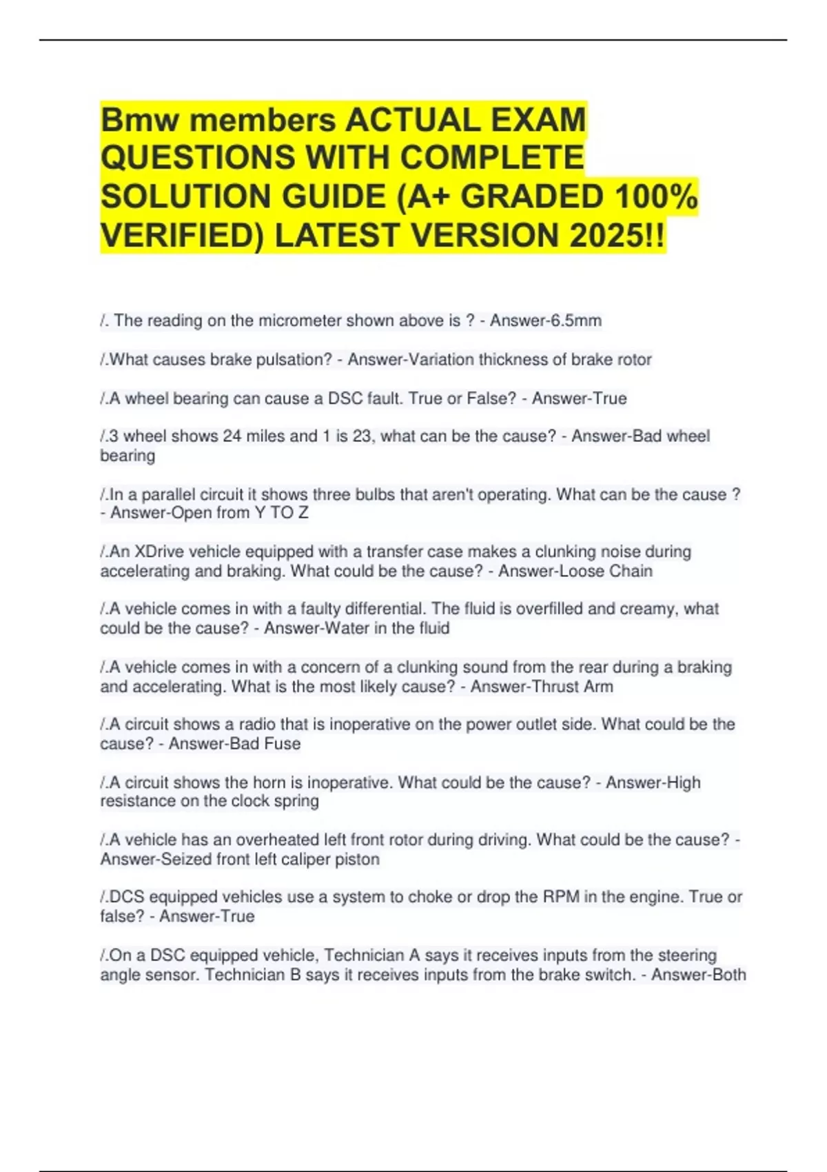 Bmw members ACTUAL EXAM QUESTIONS WITH COMPLETE SOLUTION GUIDE (A+ ...