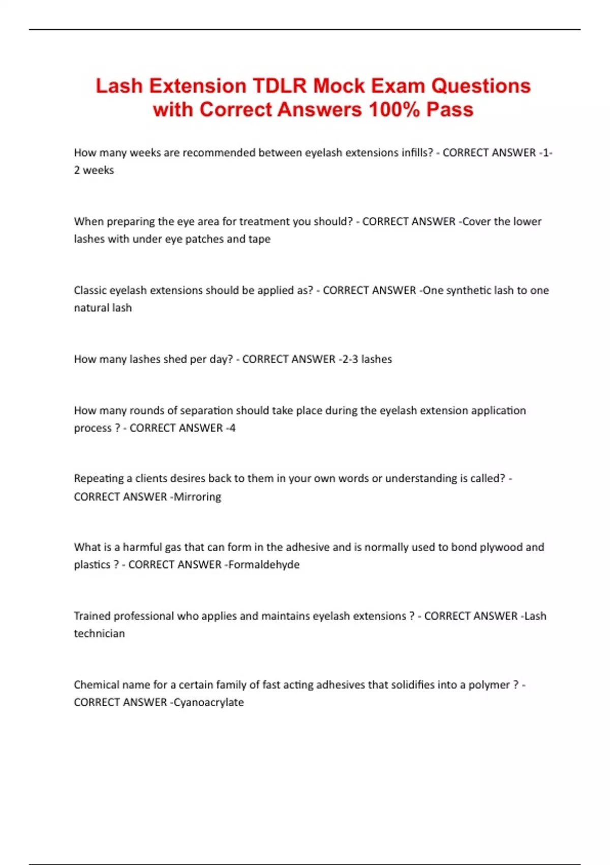 Lash Extension TDLR Mock Exam Questions with Correct Answers 100% Pass ...