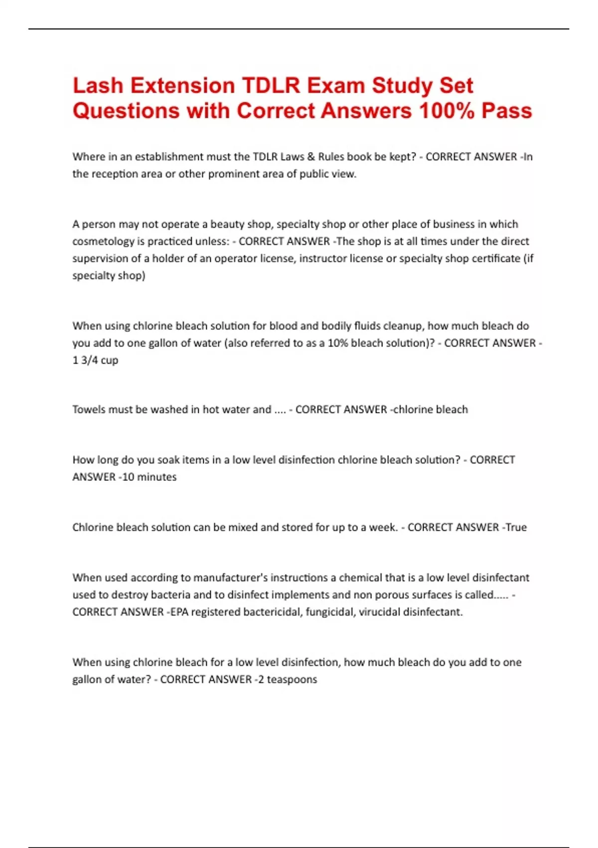 Lash Extension TDLR Exam Study Set Questions with Correct Answers 100% ...