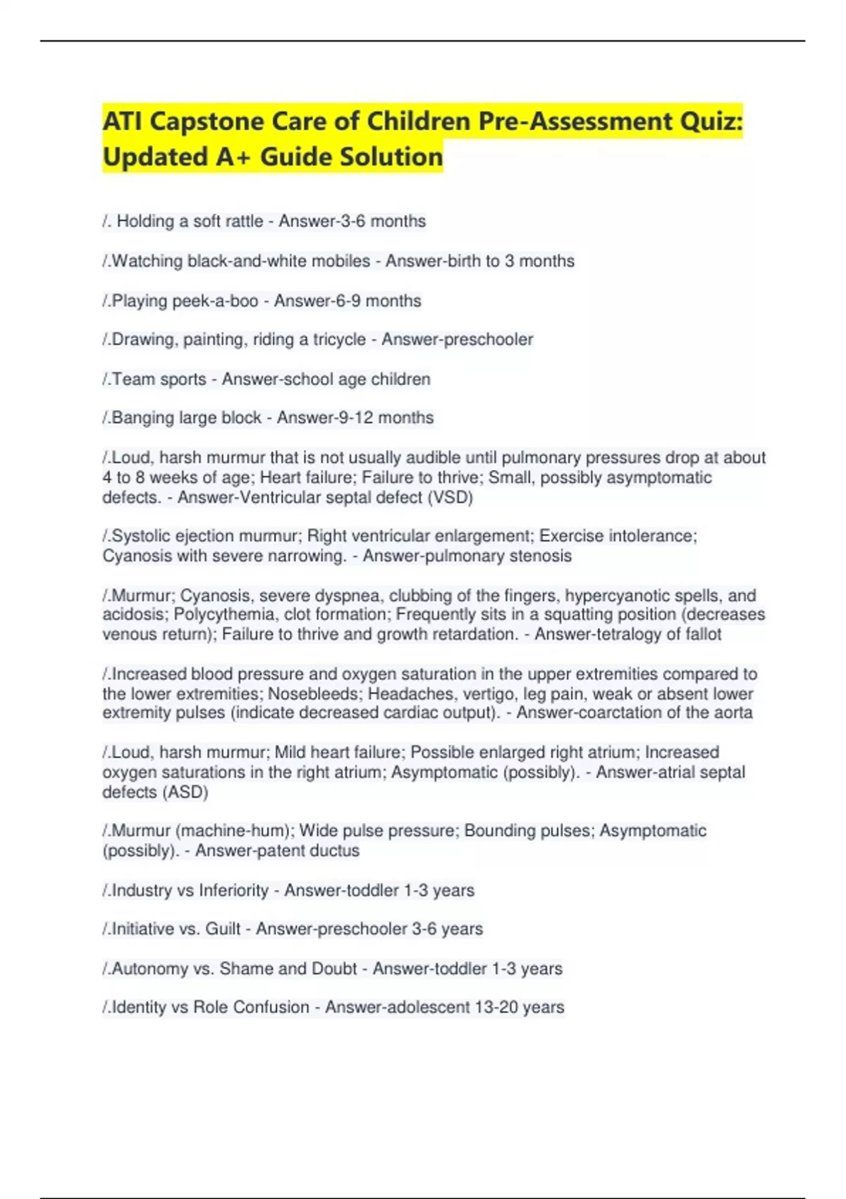 ATI Capstone Care of Children Pre-Assessment Quiz: Updated A+ Guide ...