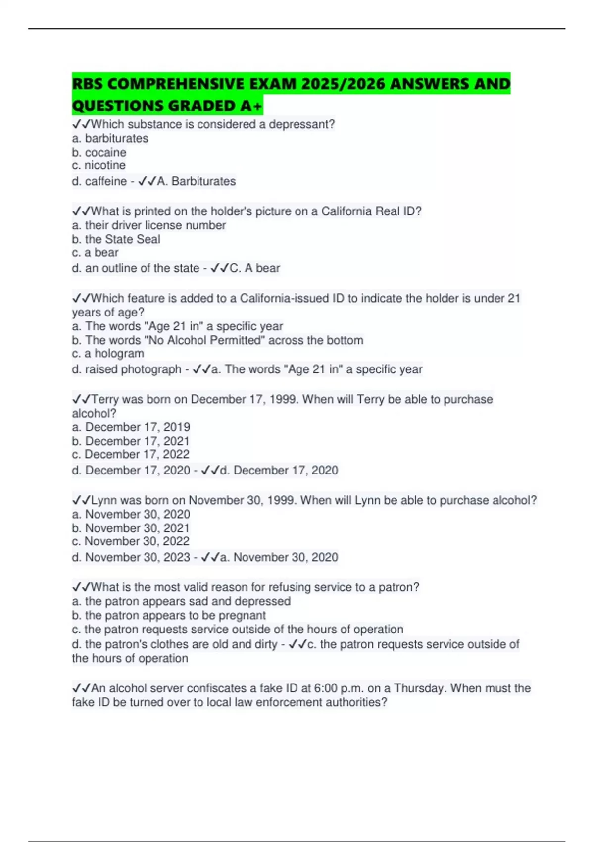 RBS COMPREHENSIVE EXAM 2025/2026 ANSWERS AND QUESTIONS GRADED A+ - Rbs ...