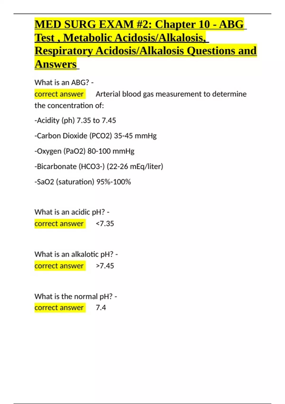 MED SURG EXAM -2 Chapter 10 - ABG Test , Metabolic Acidosis Alkalosis ...