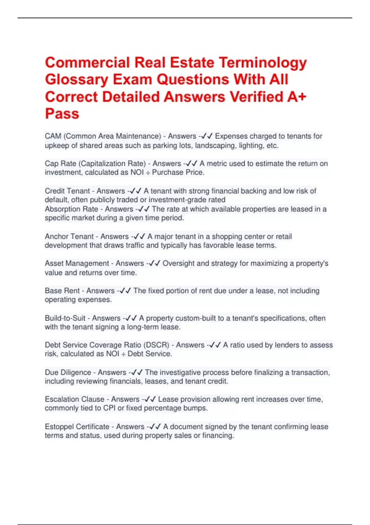 Commercial Real Estate Terminology Glossary Exam Questions With All ...