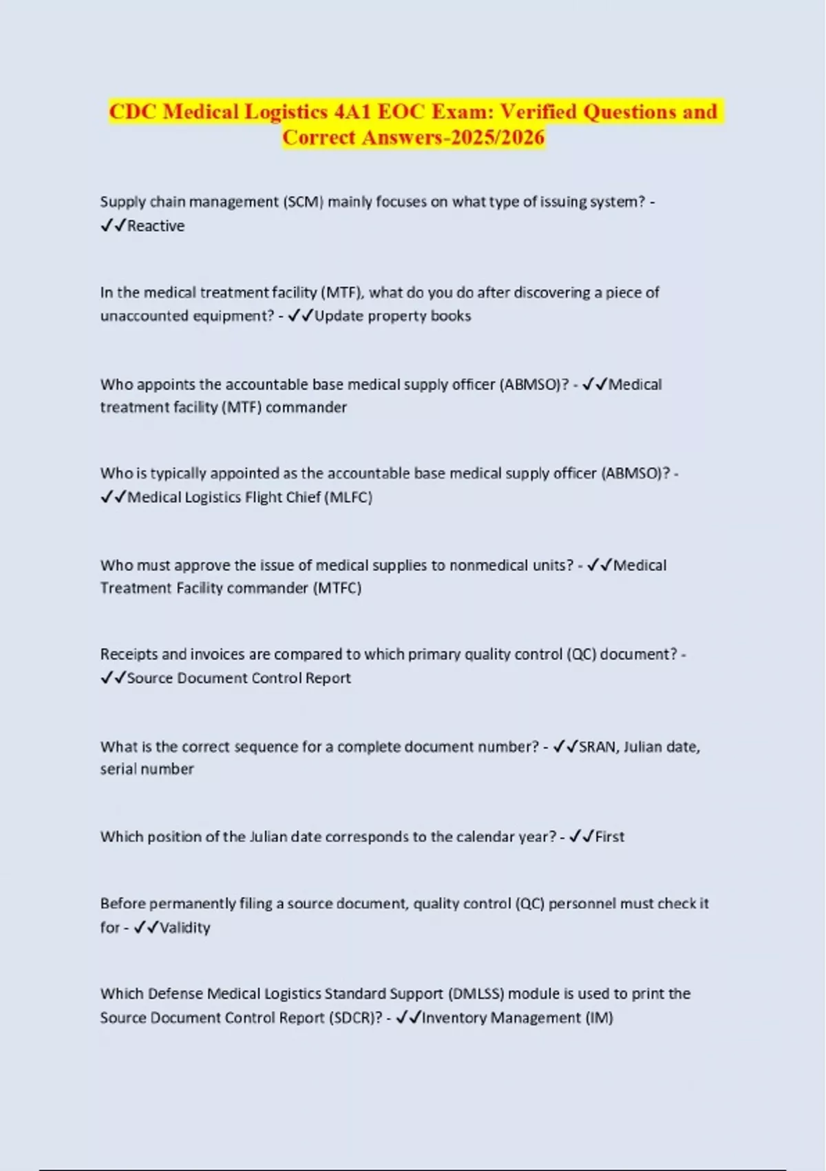 CDC Medical Logistics 4A1 EOC Exam: Verified Questions and Correct ...