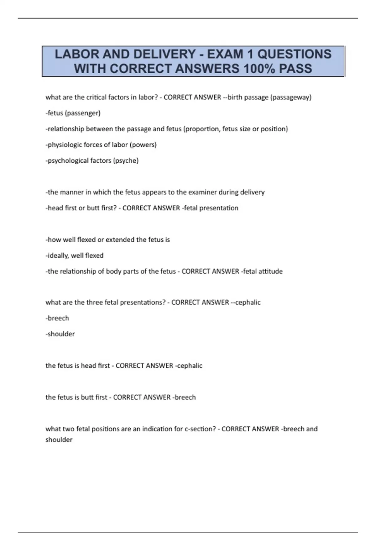 LABOR AND DELIVERY - EXAM 1 QUESTIONS WITH CORRECT ANSWERS 100% PASS ...