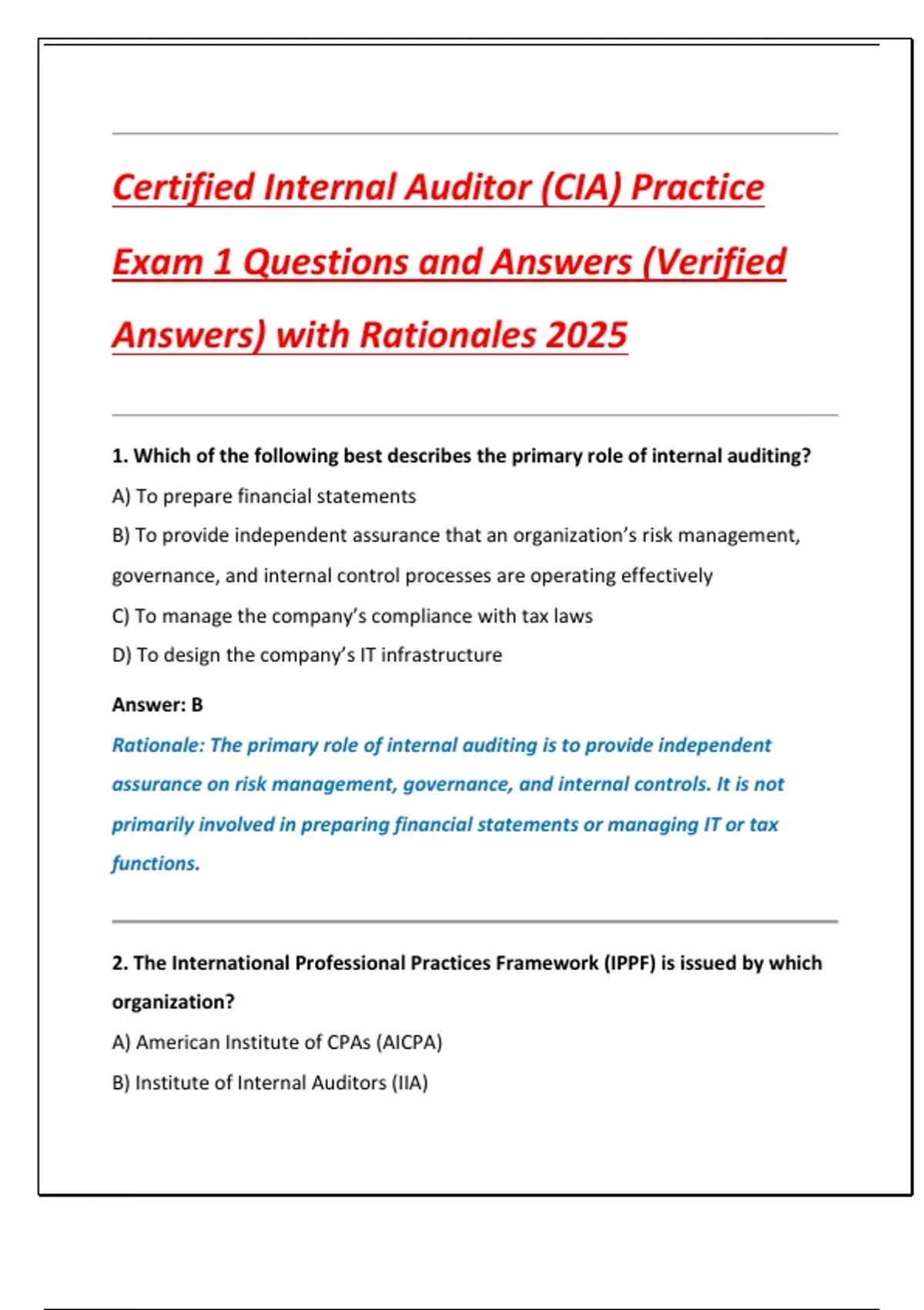 Certified Internal Auditor (CIA) Practice Exam 1 Questions and Answers (Verified Answers) with ...