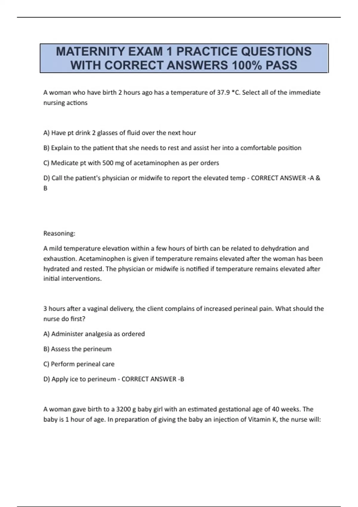 MATERNITY: EXAM/ EXAM 1/ EXAM 2 / EXAM 3 / QUESTIONS WITH CORRECT ...