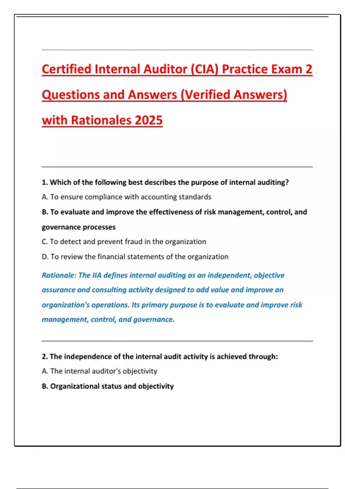 Certified Internal Auditor (CIA) Practice Exam 2 Questions and Answers ...