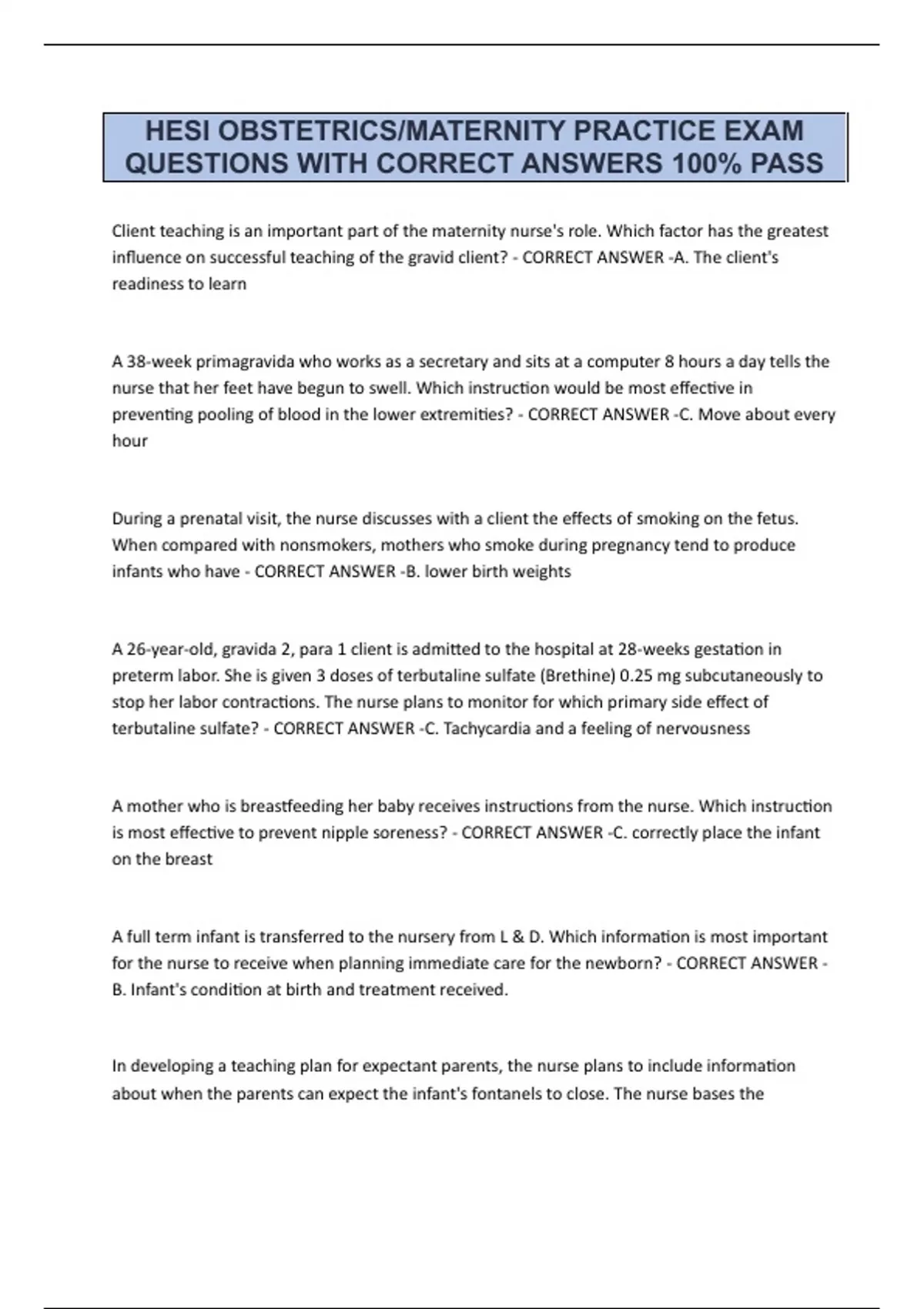 HESI OBSTETRICS/MATERNITY PRACTICE EXAM QUESTIONS WITH CORRECT ANSWERS ...