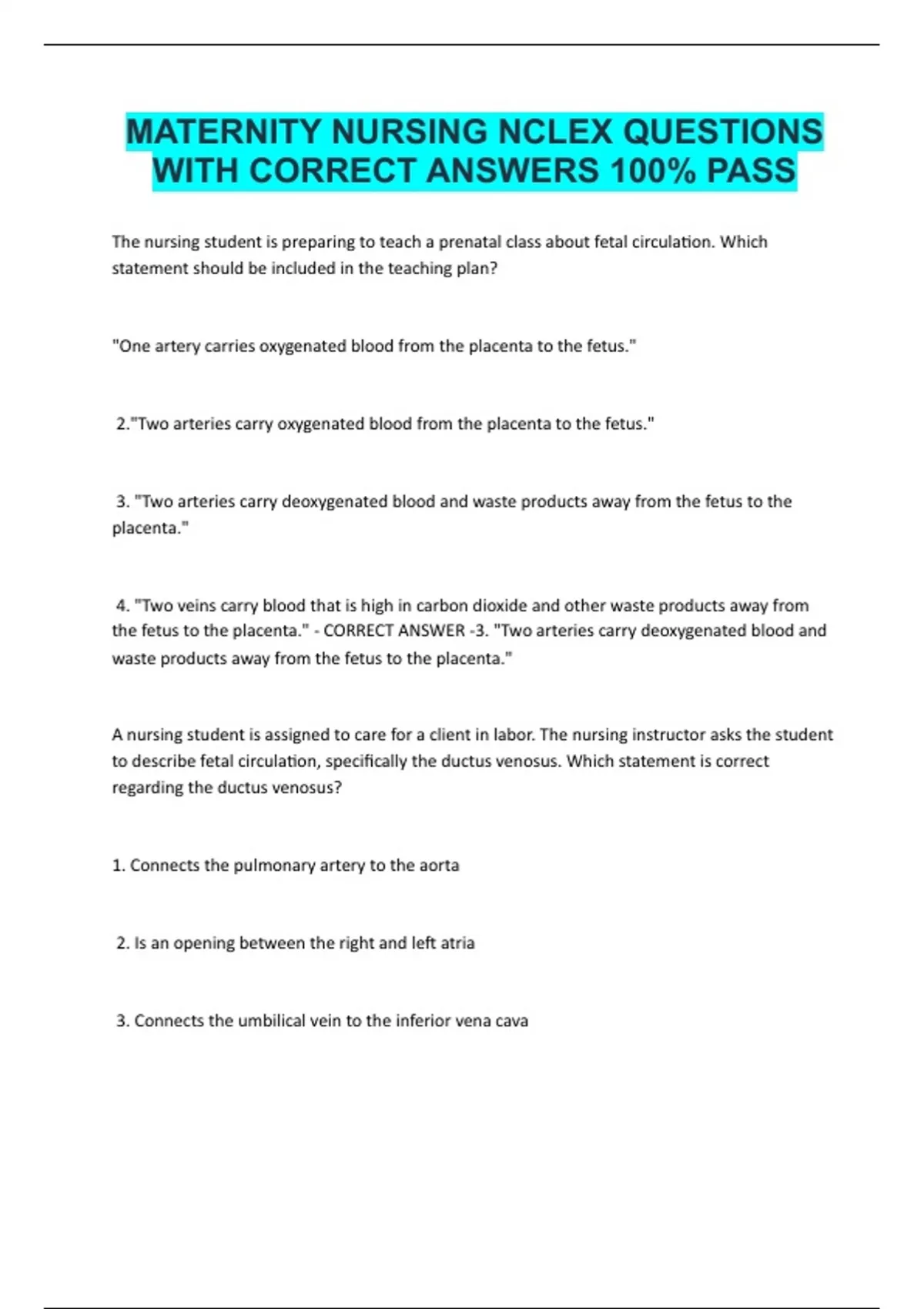 MATERNITY NURSING NCLEX QUESTIONS WITH CORRECT ANSWERS 100% PASS - Maternity - Stuvia US