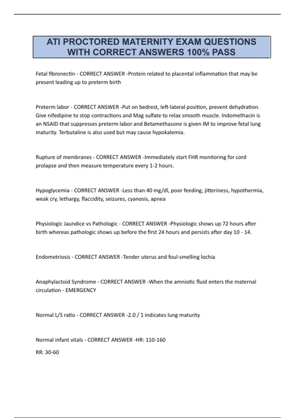 ATI PROCTORED MATERNITY EXAM QUESTIONS WITH CORRECT ANSWERS 100% PASS ...