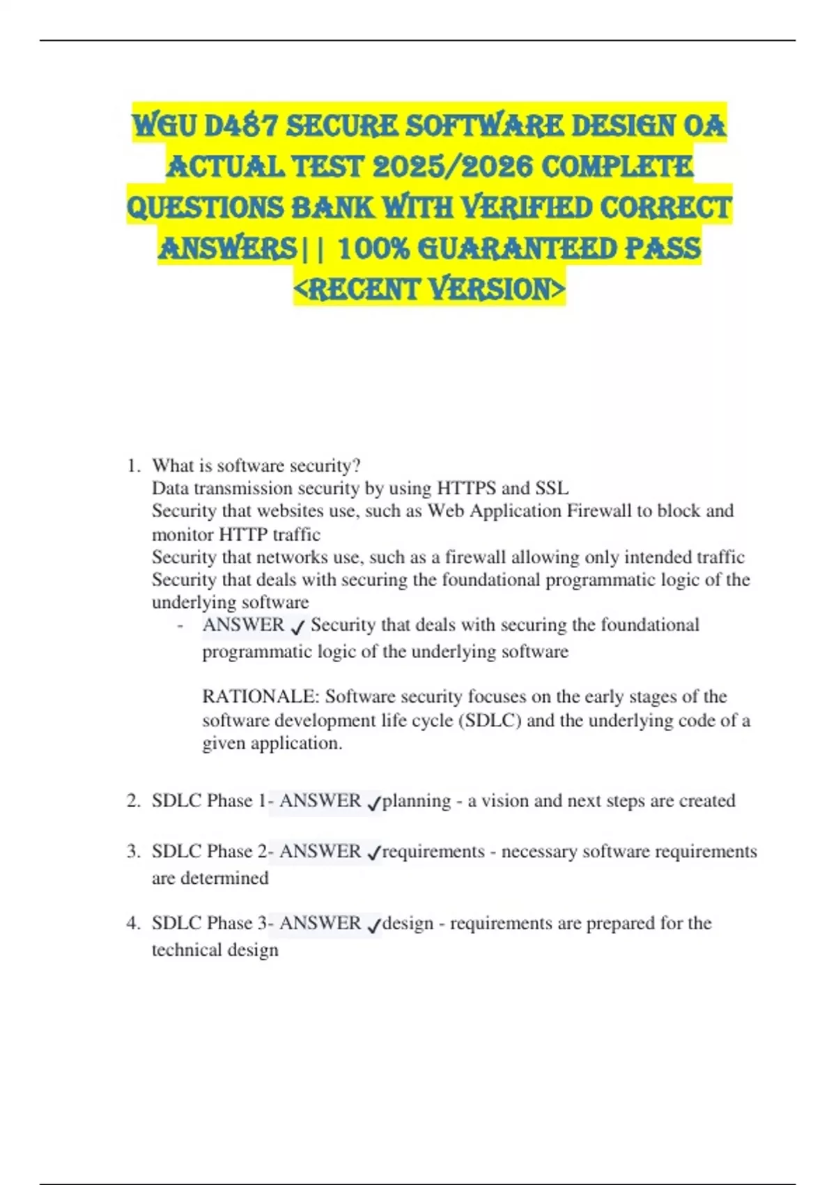 WGU D487 Secure Software Design OA ACTUAL TEST 2025/2026 COMPLETE ...