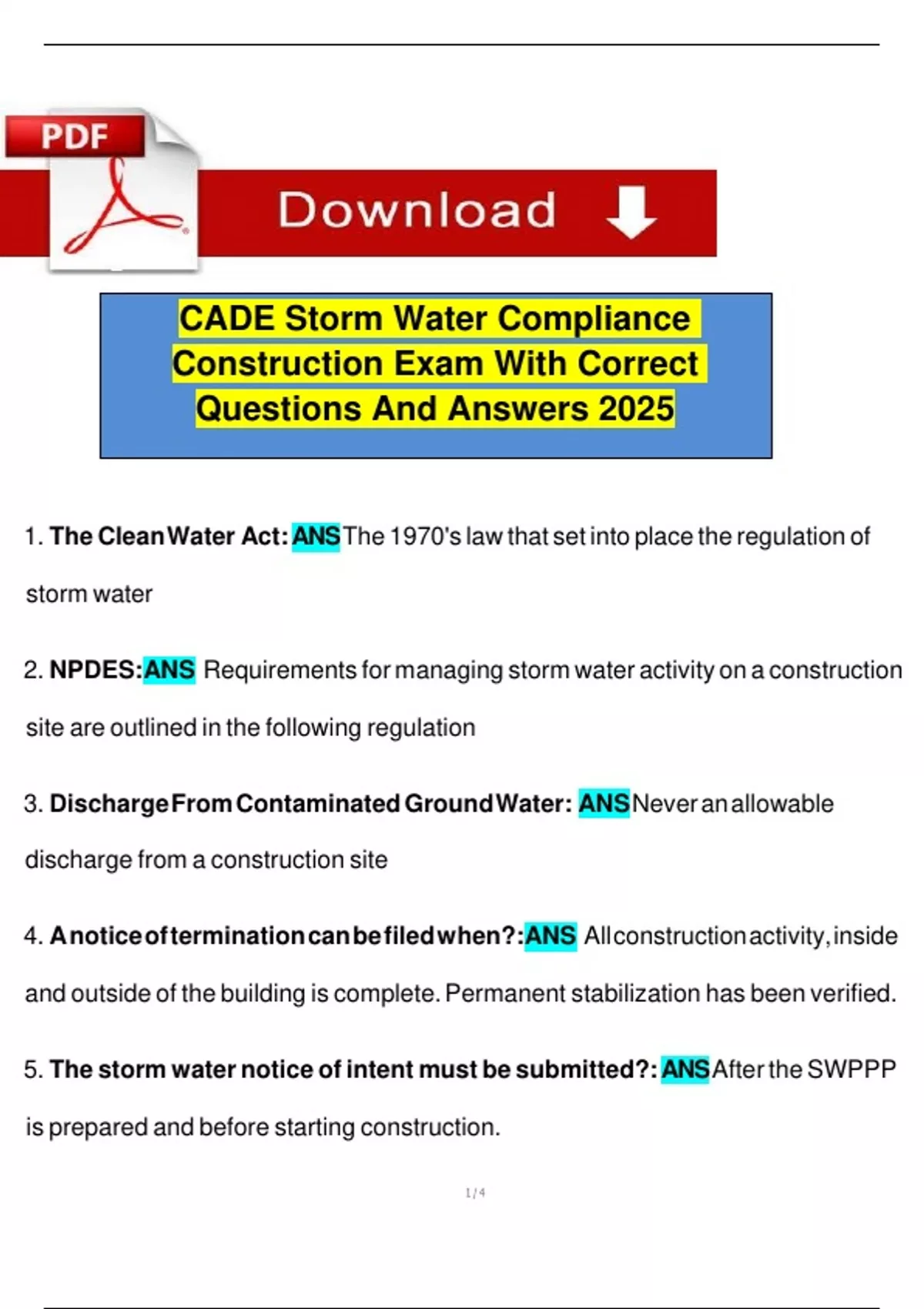 CADE Storm Water Compliance Construction Exam With Correct Questions ...