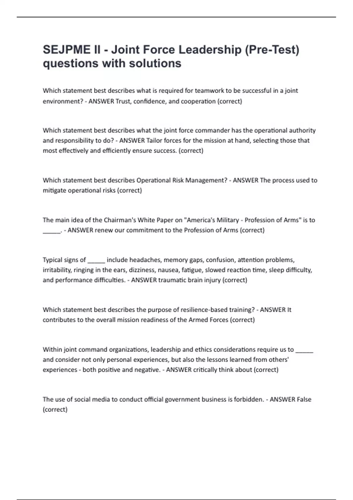 SEJPME II - Joint Force Leadership (Pre-Test) questions with solutions ...