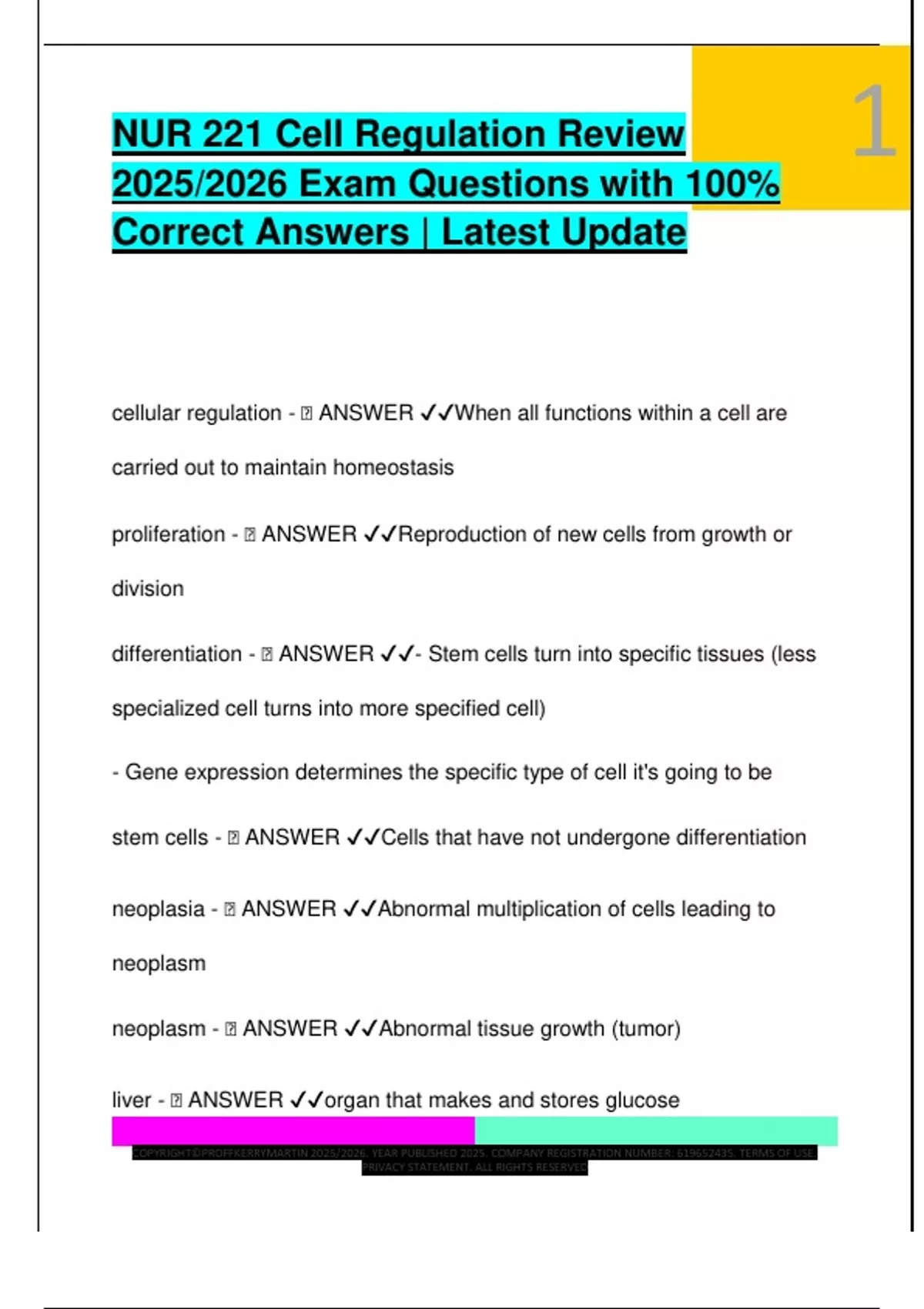 NUR 221 Cell Regulation Review 2025/2026 Exam Questions with 100% ...