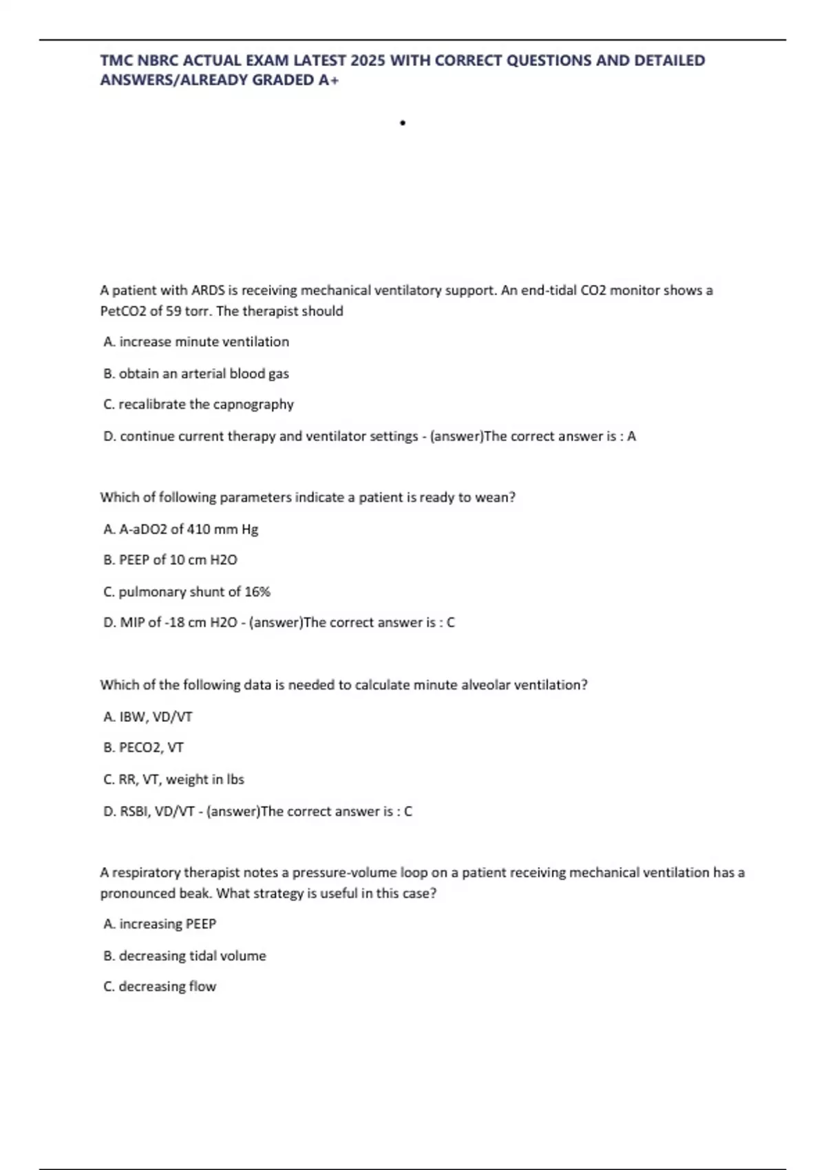 TMC NBRC ACTUAL EXAM LATEST 2025 WITH CORRECT QUESTIONS AND DETAILED ...