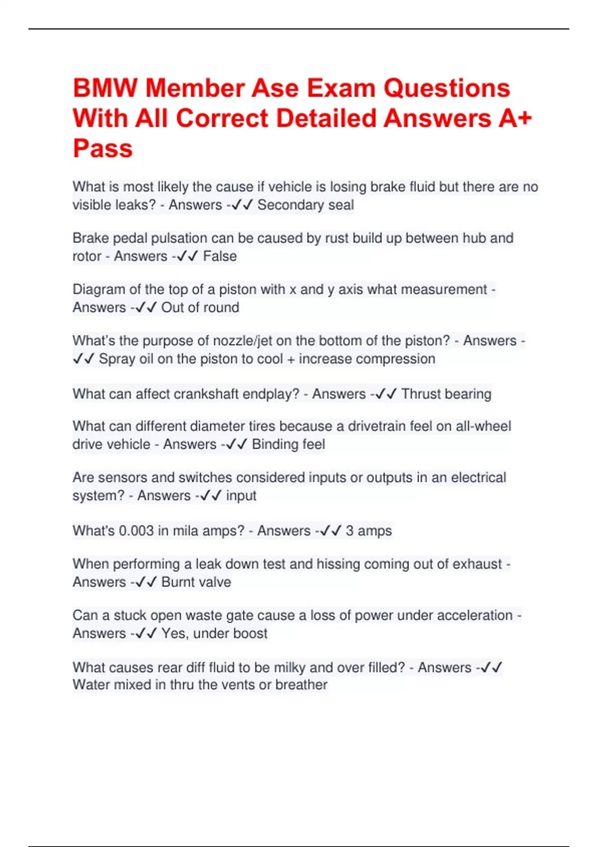 BMW Member Ase Exam Questions With All Correct Detailed Answers A+ Pass ...