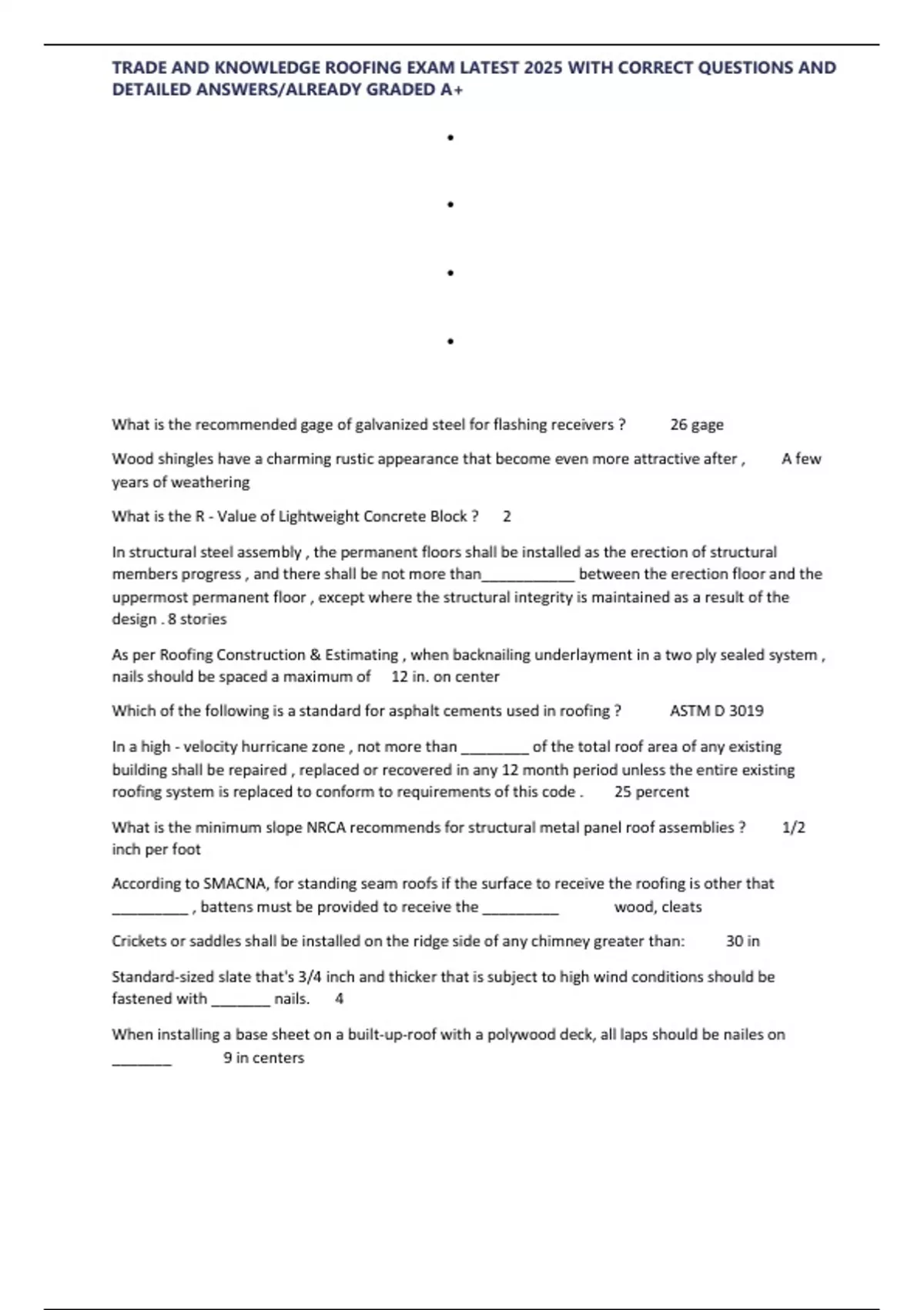 TRADE AND KNOWLEDGE ROOFING EXAM LATEST 2025 WITH CORRECT QUESTIONS AND ...