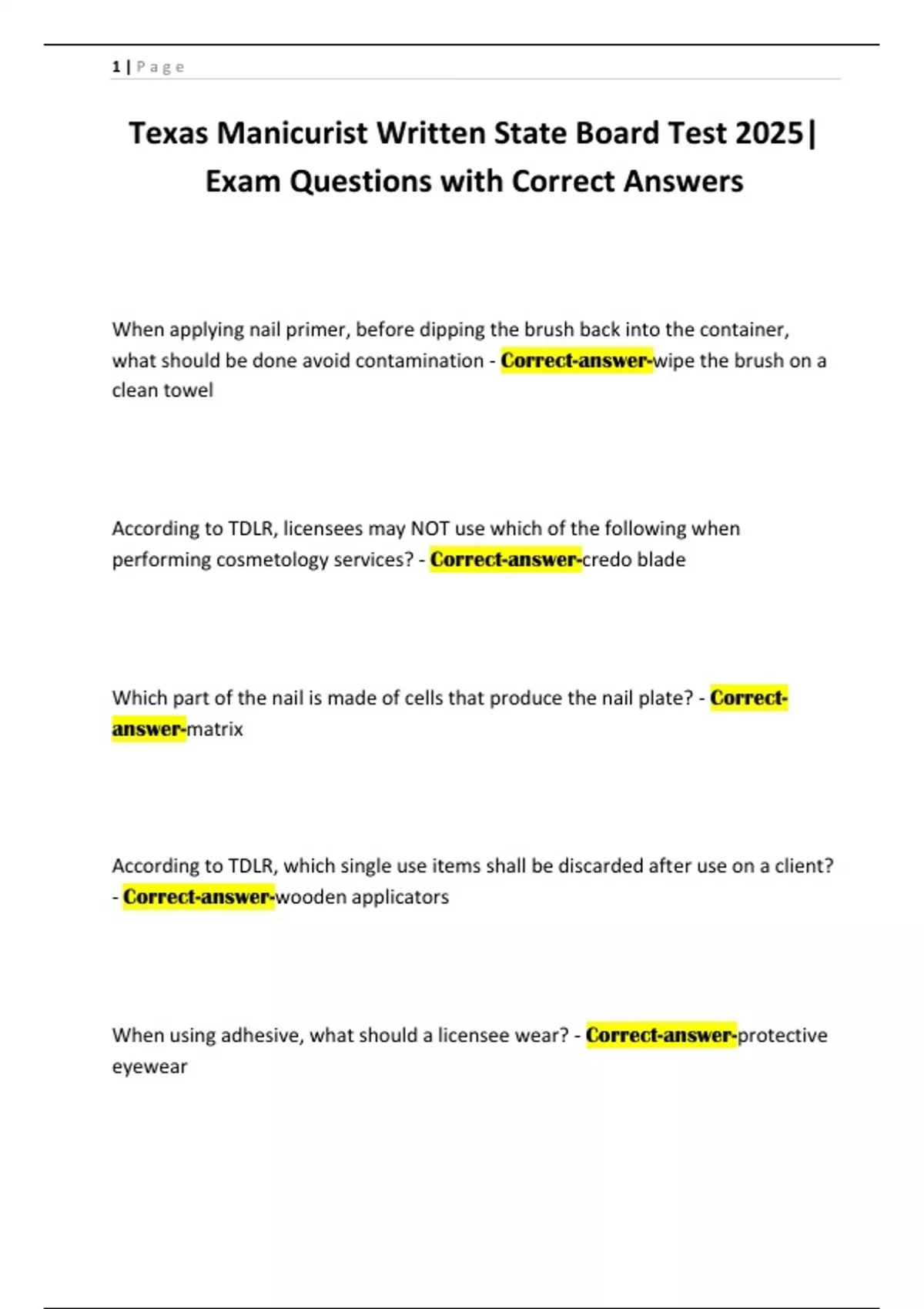 Texas Manicurist Written State Board Test 2025| Exam Questions with ...