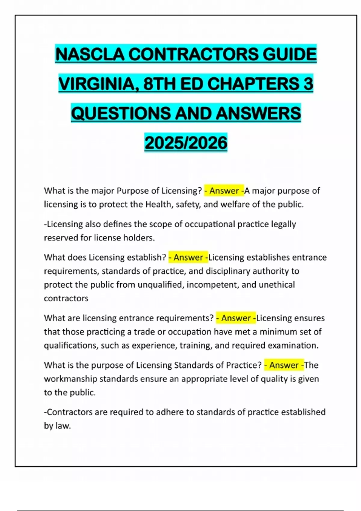 NASCLA CONTRACTORS GUIDE VIRGINIA, 8TH ED CHAPTERS 3 QUESTIONS AND ...