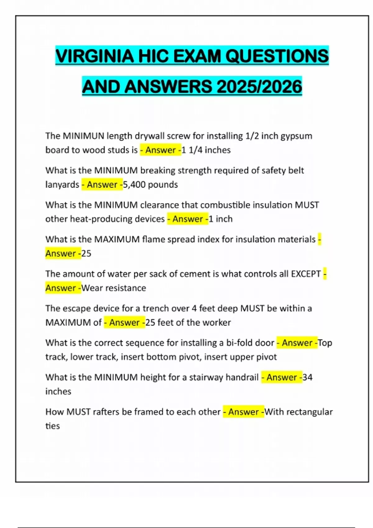 VIRGINIA HIC EXAM QUESTIONS AND ANSWERS 2025/2026 - Contractors license ...