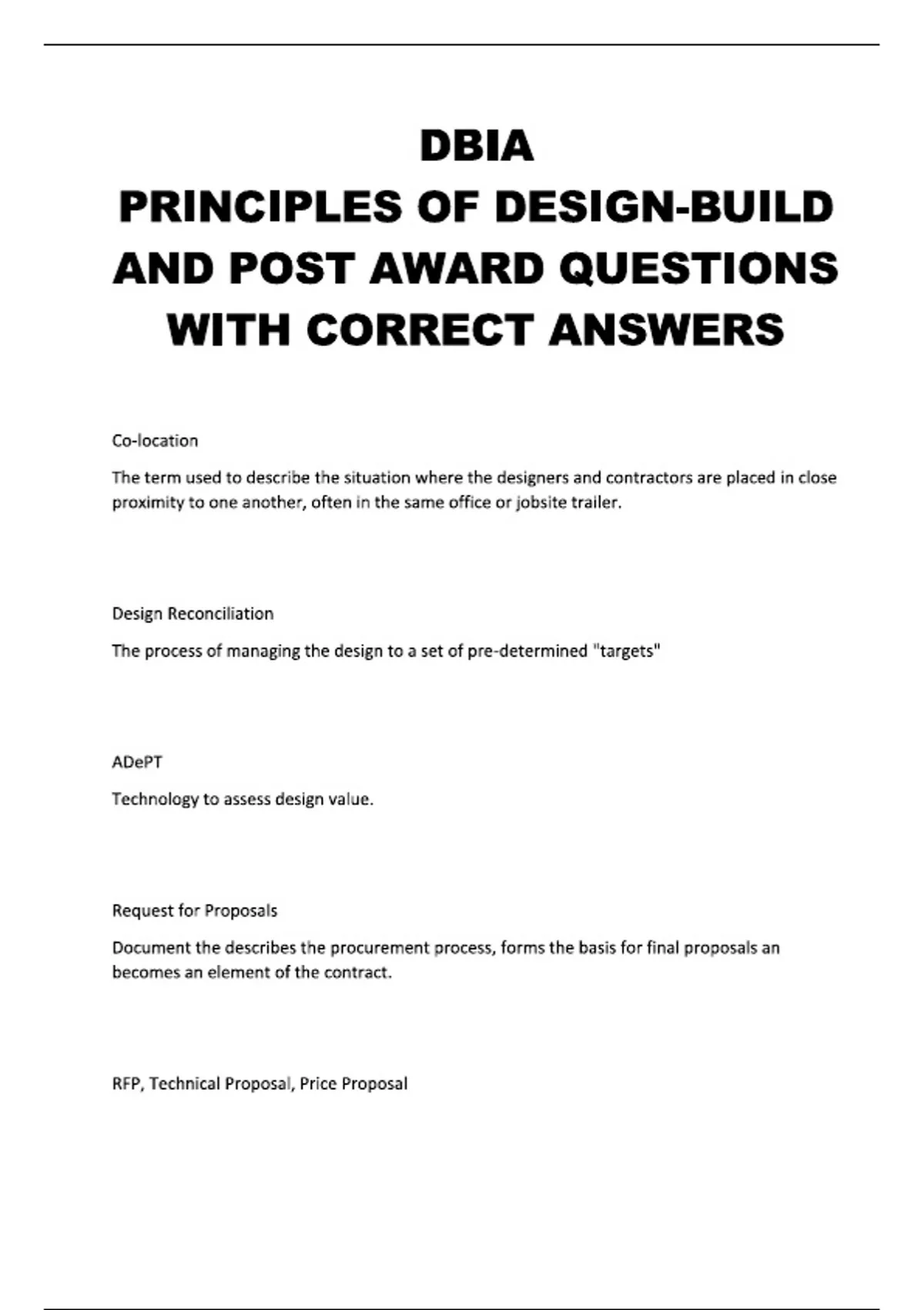 DBIA PRINCIPLES OF DESIGN-BUILD AND POST AWARD QUESTIONS WITH CORRECT ...